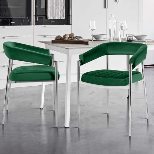 Bekrvio Velvet Arm Dining Chairs Kitchen Dining Room Chairs with Armrest, Mid Century Modern Living Room Armchair Accent Chairs Upholstered Kitchen Chairs with Metal Chrome Legs, Green