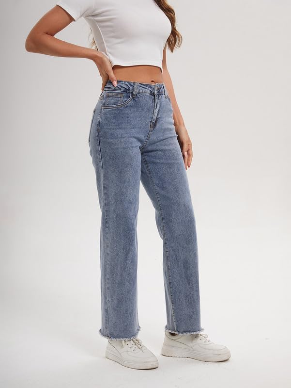 PEIHOT 90S Wide Leg Pants for Women Stretchy Mid Waisted Raw Hem Straight Leg Jeans Denim Pants 2023 Trendy Light Blue
