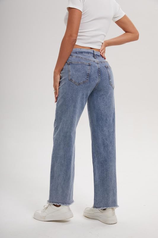 PEIHOT 90S Wide Leg Pants for Women Stretchy Mid Waisted Raw Hem Straight Leg Jeans Denim Pants 2023 Trendy Light Blue