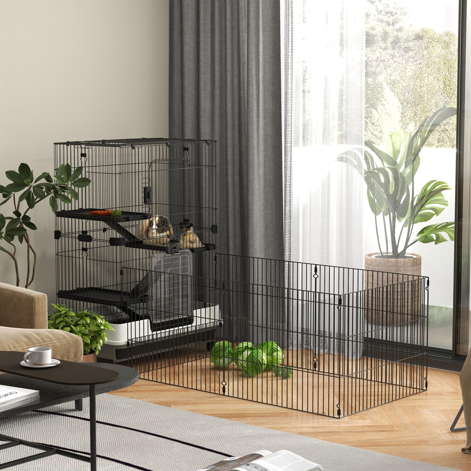PawHut 4-Level Small Animal Cage Rabbit Hutch with Wheels, Removable Tray, Platform, Playpen and Ramp for Bunny, Chinchillas, Ferret, Black