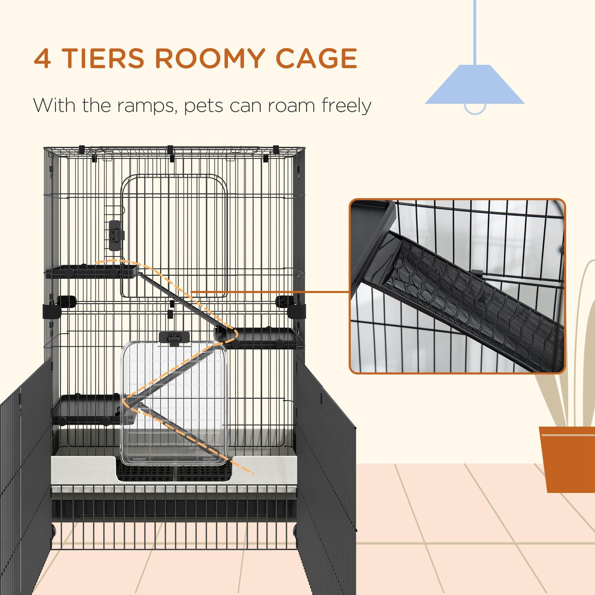 PawHut 4-Level Small Animal Cage Rabbit Hutch with Wheels, Removable Tray, Platform, Playpen and Ramp for Bunny, Chinchillas, Ferret, Black