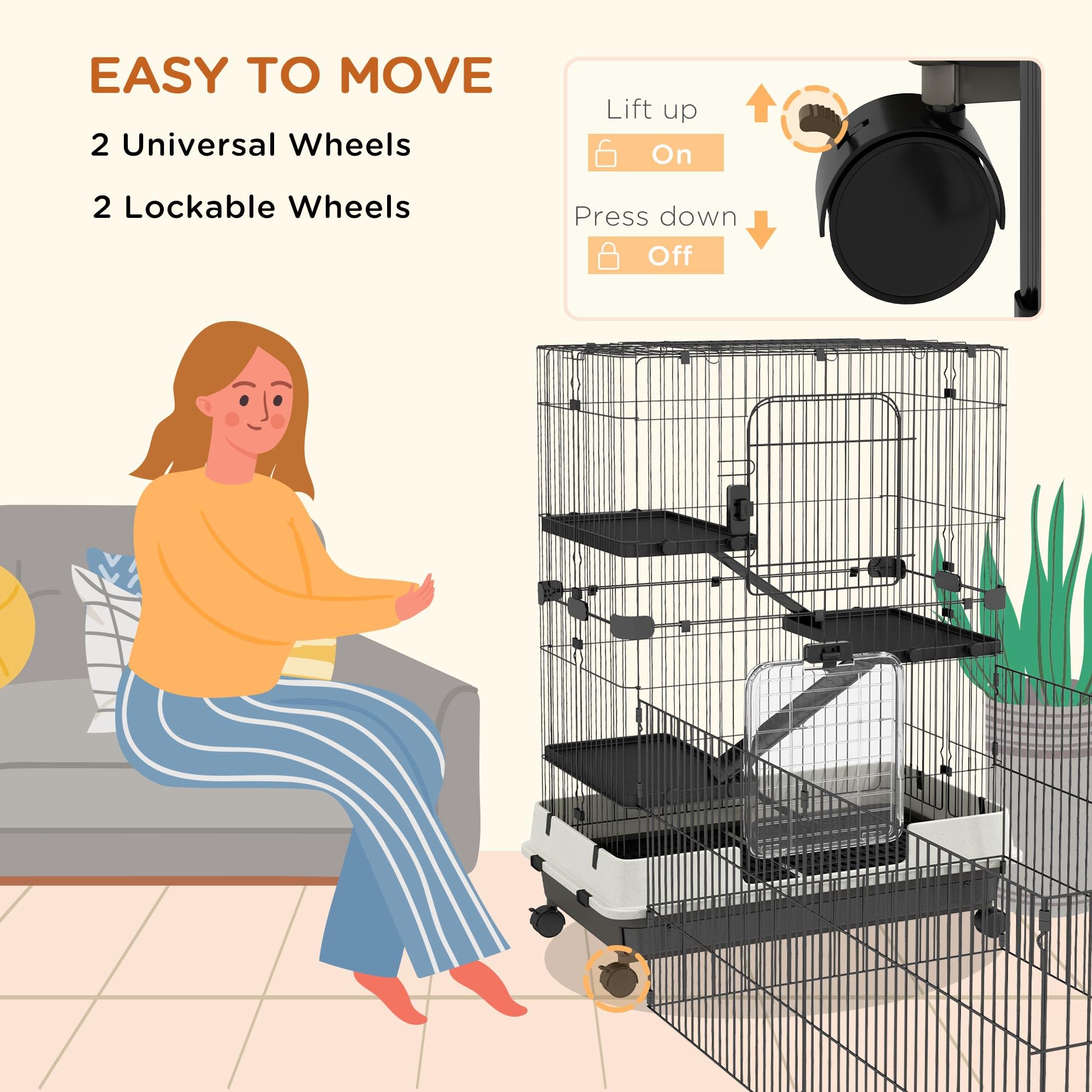 PawHut 4-Level Small Animal Cage Rabbit Hutch with Wheels, Removable Tray, Platform, Playpen and Ramp for Bunny, Chinchillas, Ferret, Black