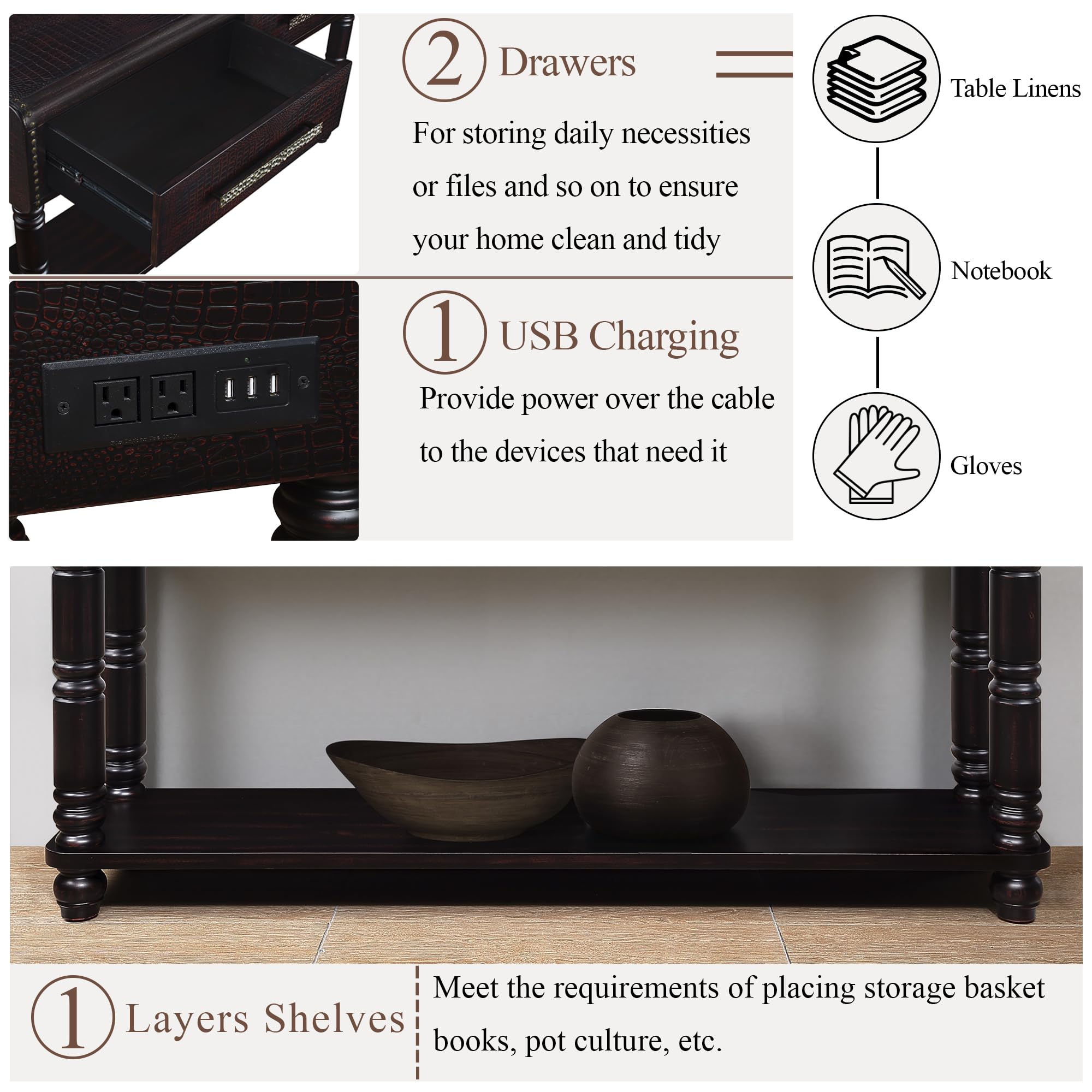 INMOZATA Farmhouse Entryway Table wiith Storage Wood Console Table with Power Outlets 54 inch Narrow Long Sofa Tables with USB Ports for Living Room, Couch, Hallway, Foyer,Distressed Black