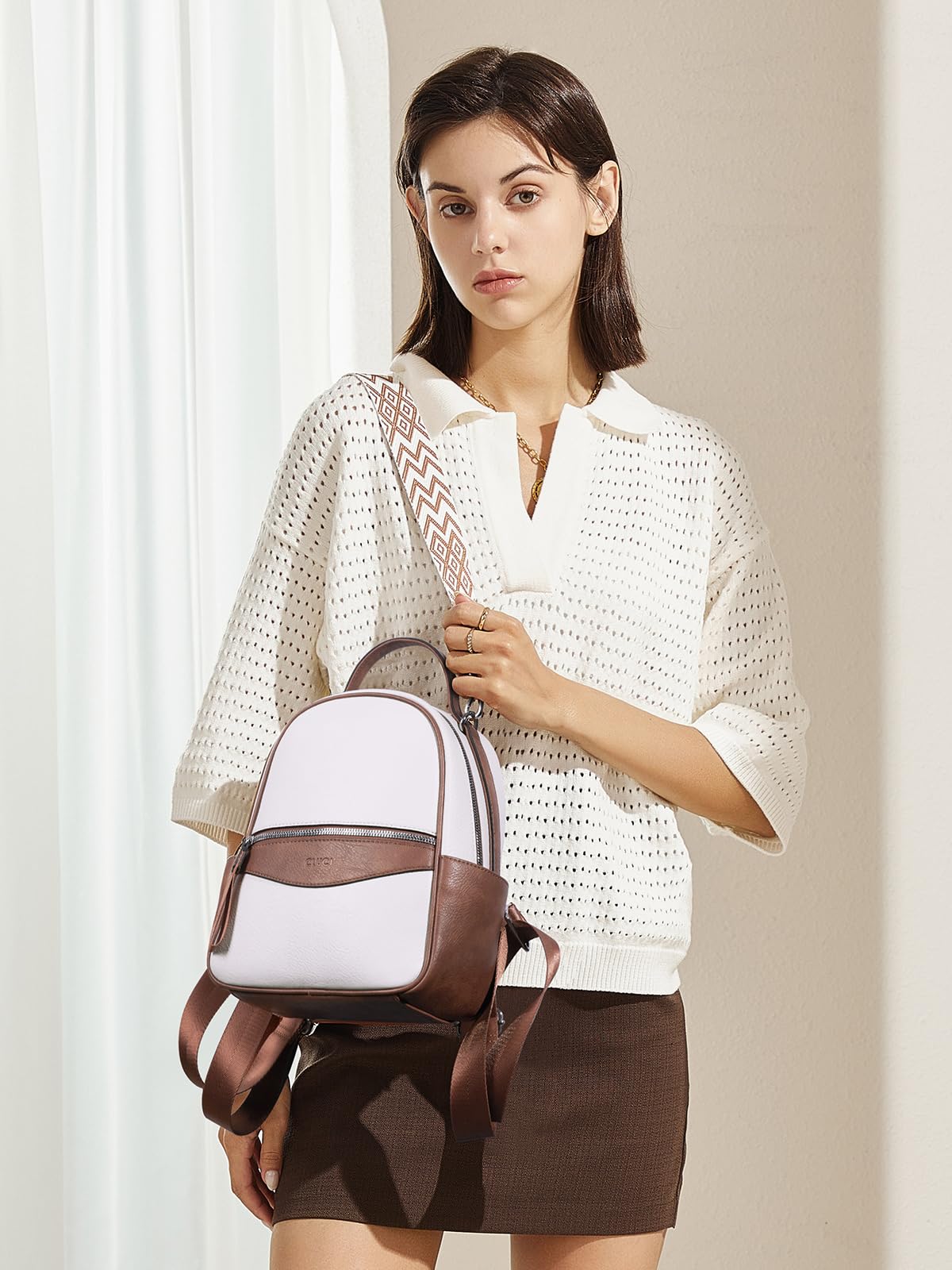 CLUCI Mini Backpack Purse for Women Fashion Leather Small Backpacks Ladies Shoulder Backpack Convertible Handbags Beige with Brwon