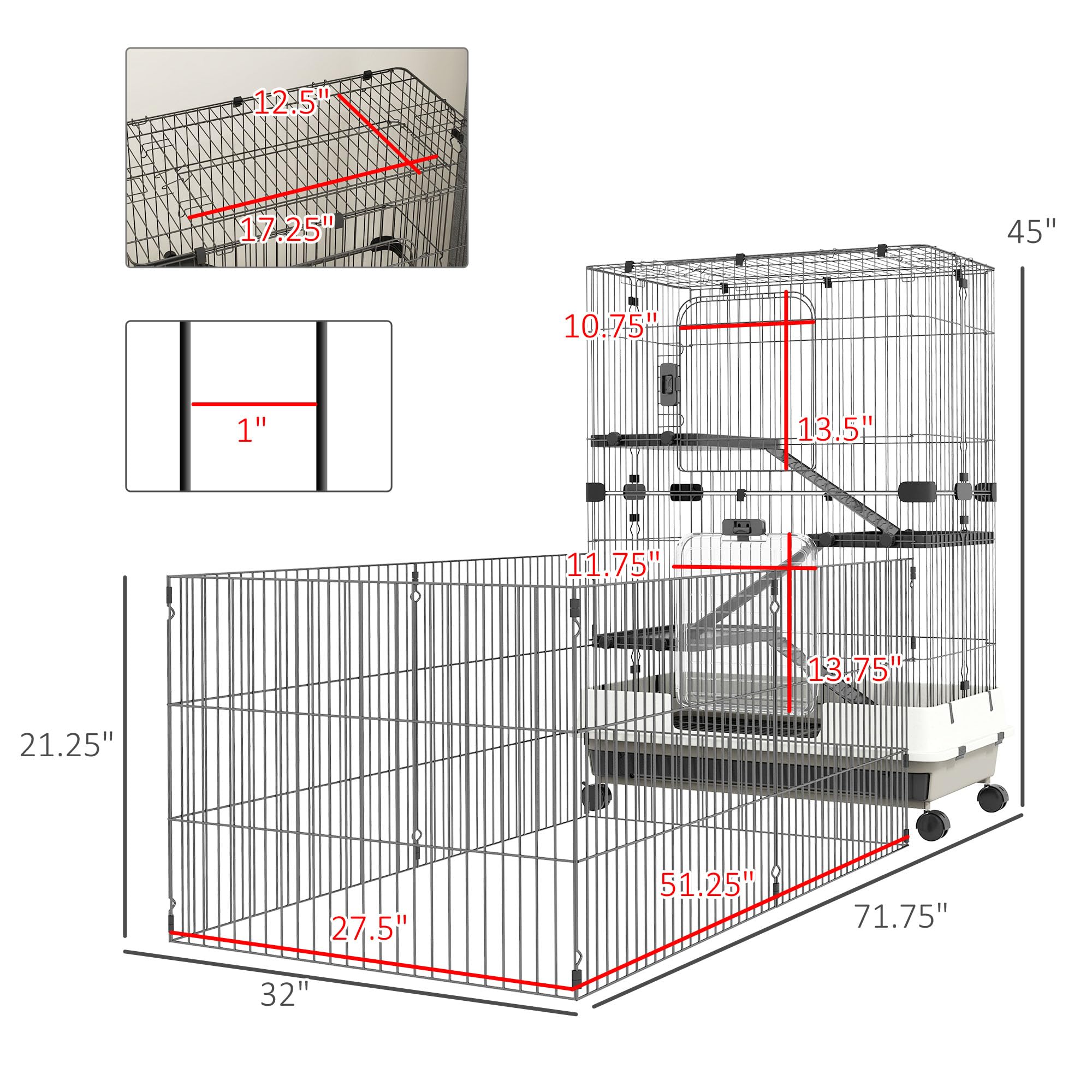 PawHut 4-Level Small Animal Cage Rabbit Hutch with Wheels, Removable Tray, Platform, Playpen and Ramp for Bunny, Chinchillas, Ferret, Black