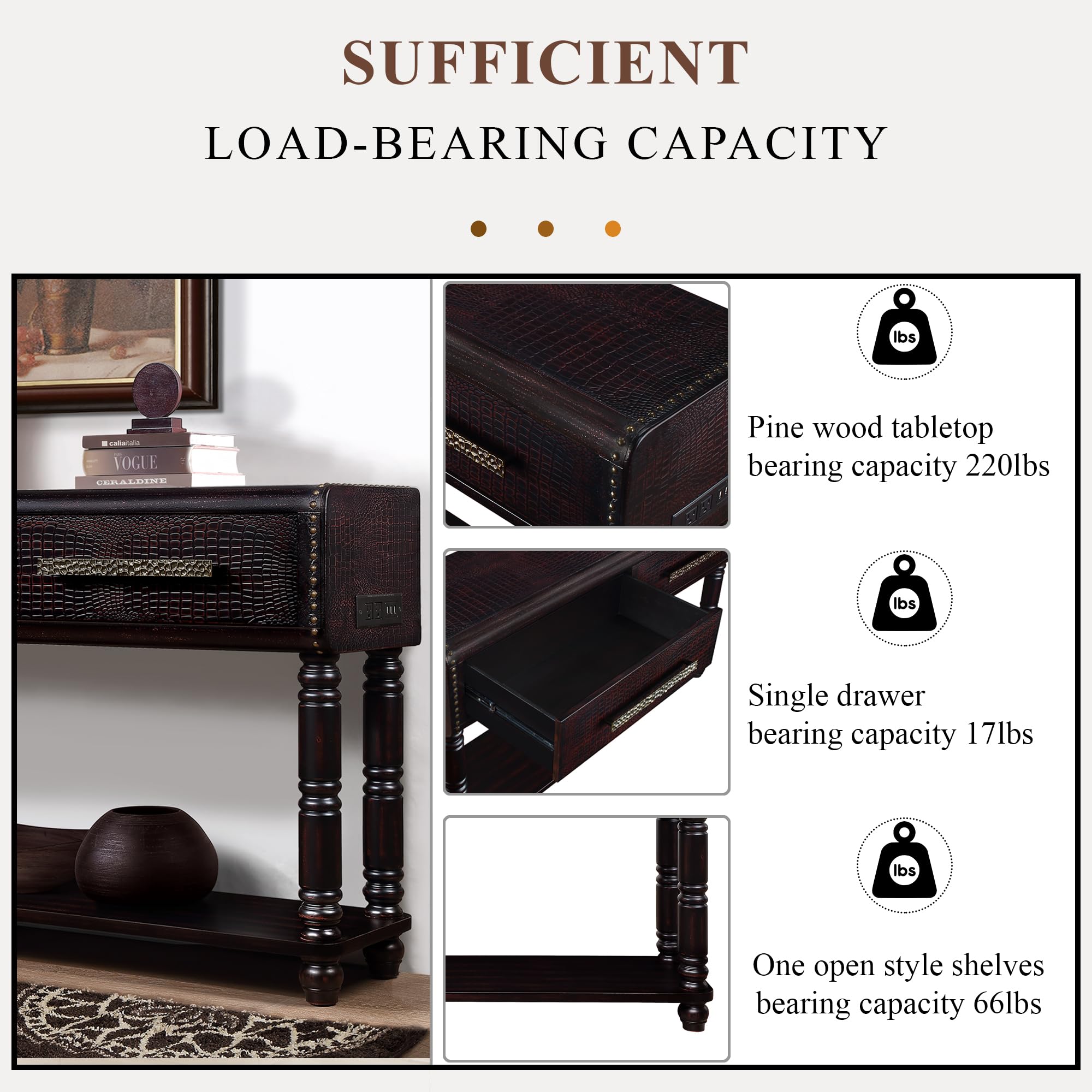 INMOZATA Farmhouse Entryway Table wiith Storage Wood Console Table with Power Outlets 54 inch Narrow Long Sofa Tables with USB Ports for Living Room, Couch, Hallway, Foyer,Distressed Black