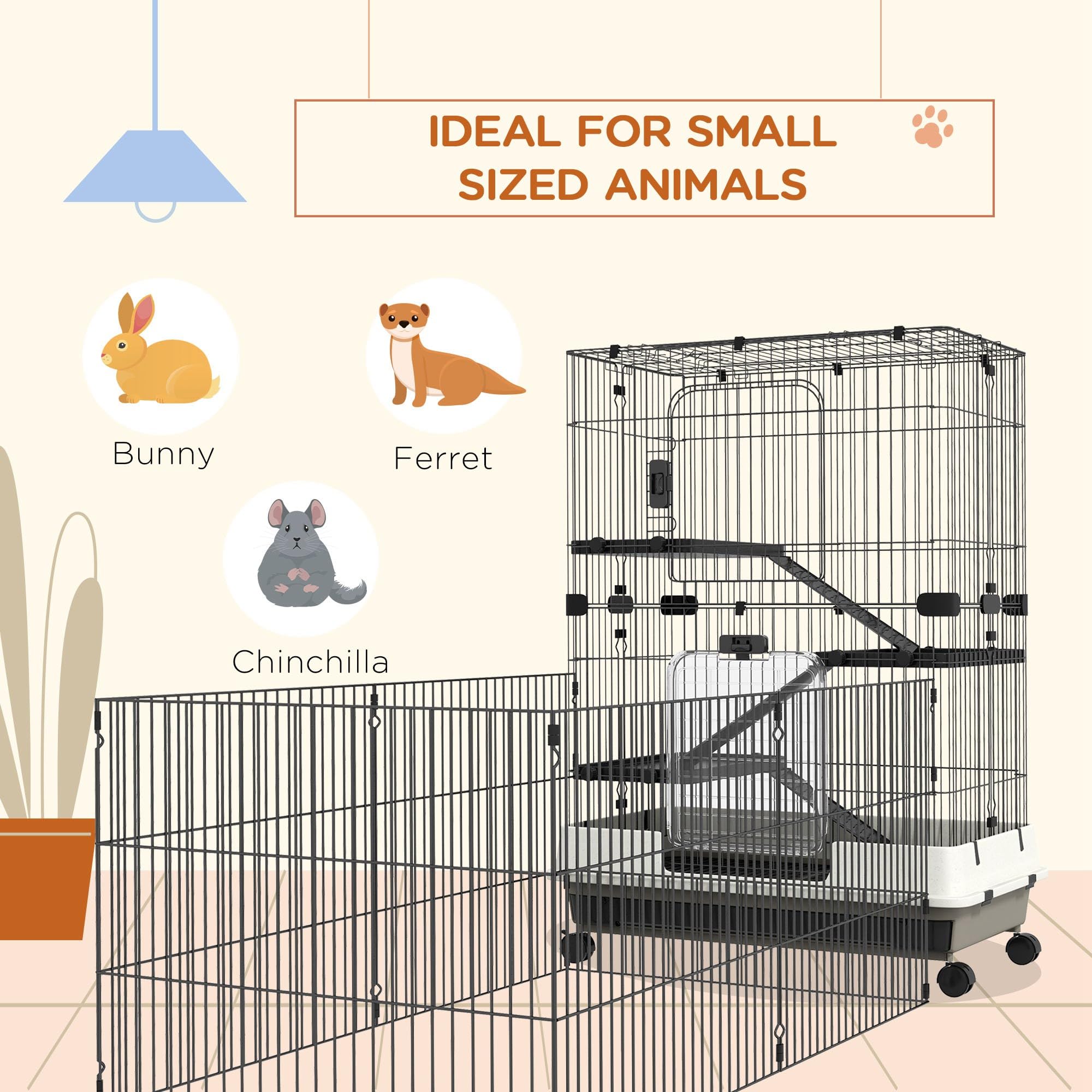 PawHut 4-Level Small Animal Cage Rabbit Hutch with Wheels, Removable Tray, Platform, Playpen and Ramp for Bunny, Chinchillas, Ferret, Black