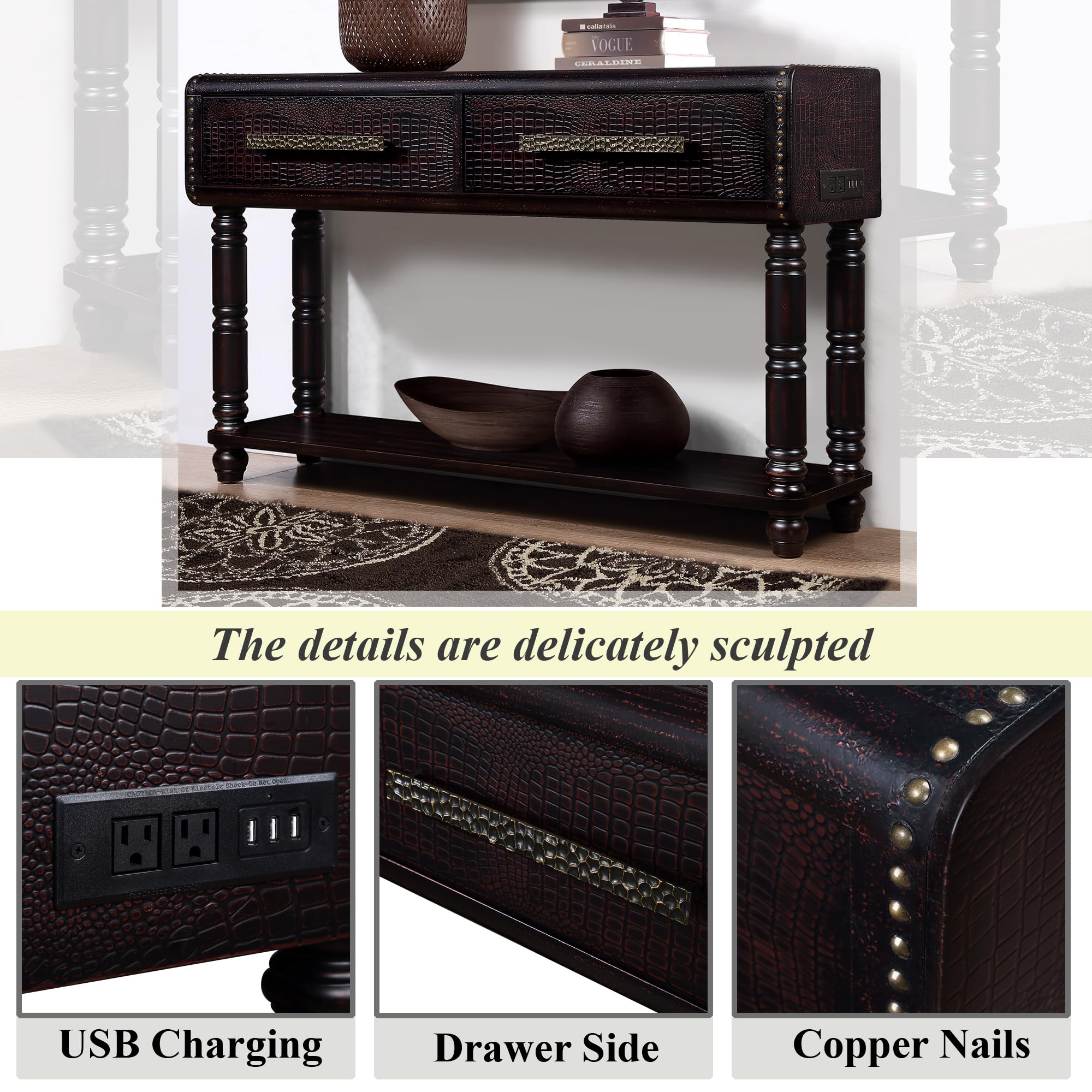 INMOZATA Farmhouse Entryway Table wiith Storage Wood Console Table with Power Outlets 54 inch Narrow Long Sofa Tables with USB Ports for Living Room, Couch, Hallway, Foyer,Distressed Black