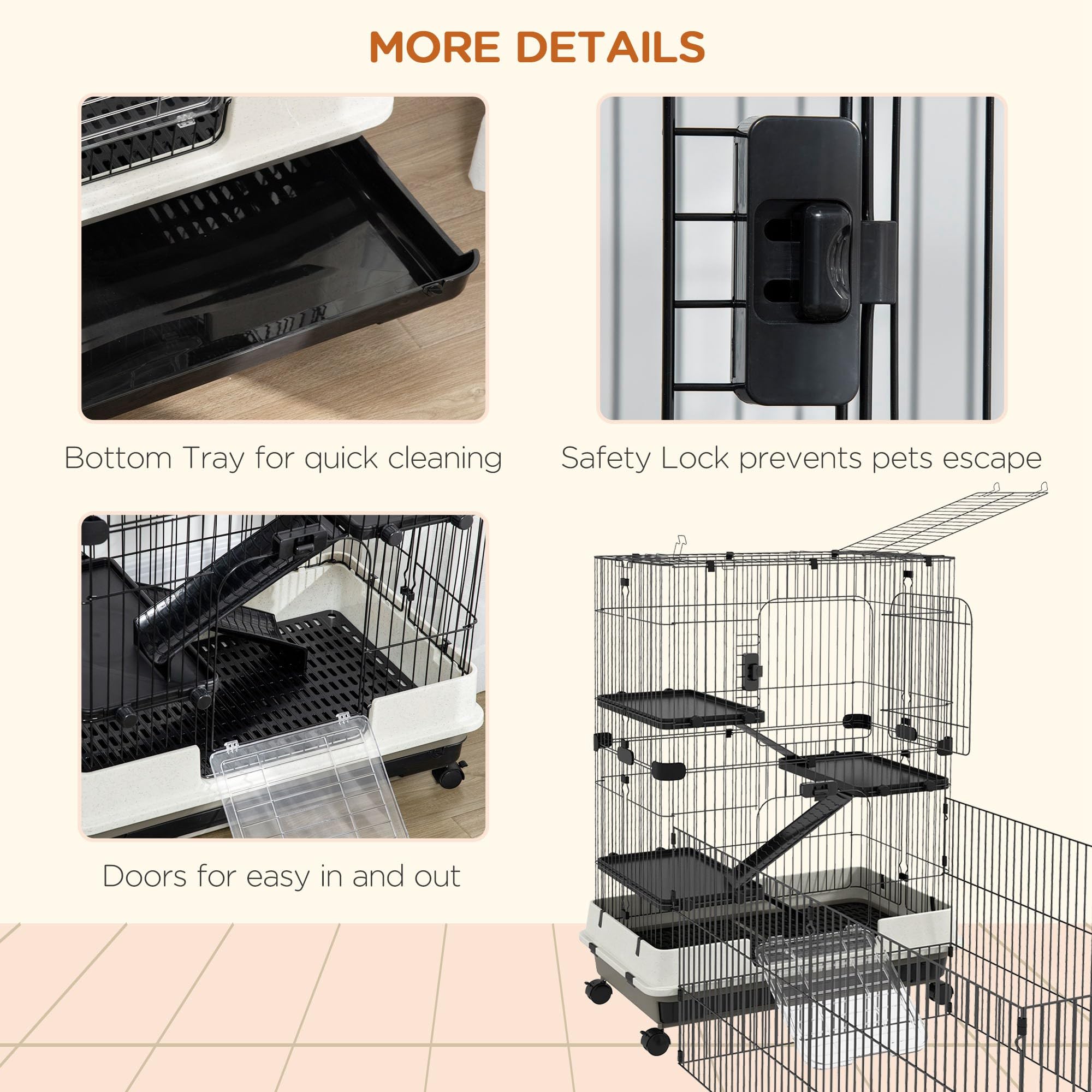 PawHut 4-Level Small Animal Cage Rabbit Hutch with Wheels, Removable Tray, Platform, Playpen and Ramp for Bunny, Chinchillas, Ferret, Black