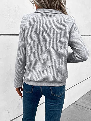 GORGLITTER Women's V Neck Sweatshirt Quilted Pullover Long Sleeve Knit Collar Pullover Tops Fall Clothes Light Grey Large