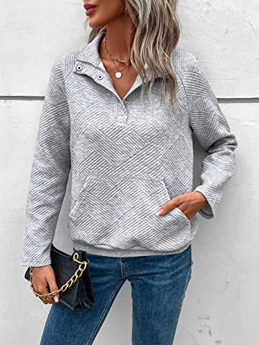 GORGLITTER Women's V Neck Sweatshirt Quilted Pullover Long Sleeve Knit Collar Pullover Tops Fall Clothes Light Grey Large