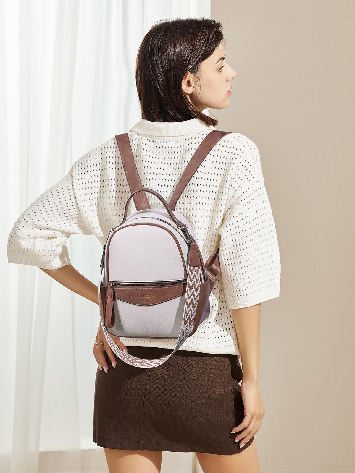 CLUCI Mini Backpack Purse for Women Fashion Leather Small Backpacks Ladies Shoulder Backpack Convertible Handbags Beige with Brwon