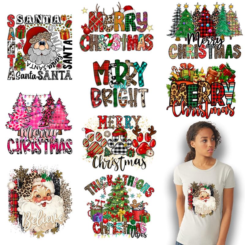 EOGOW Christmas Iron on Transfers, 9PCS Iron on Decals for T Shirts Iron on Transfers Dtf Transfers Ready to Press Heat Transfer Designs Screen Print Transfers Ready to Press Iron on Shirt Decals