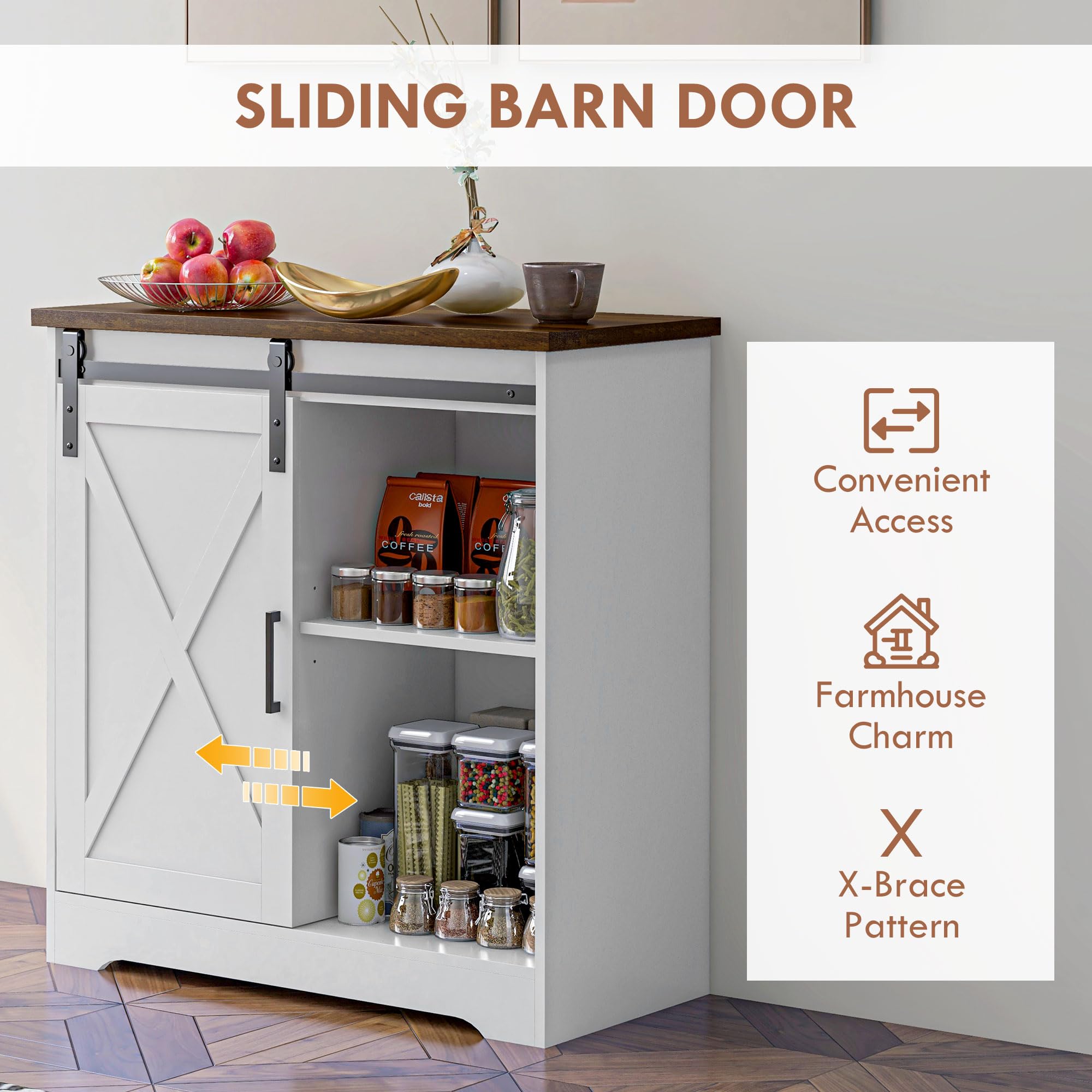HOMCOM Farmhouse Coffee Bar Cabinet, 33" Buffet Sideboard with Sliding Barn Door and Adjustable Shelf, Kitchen Buffet Cabinet, White