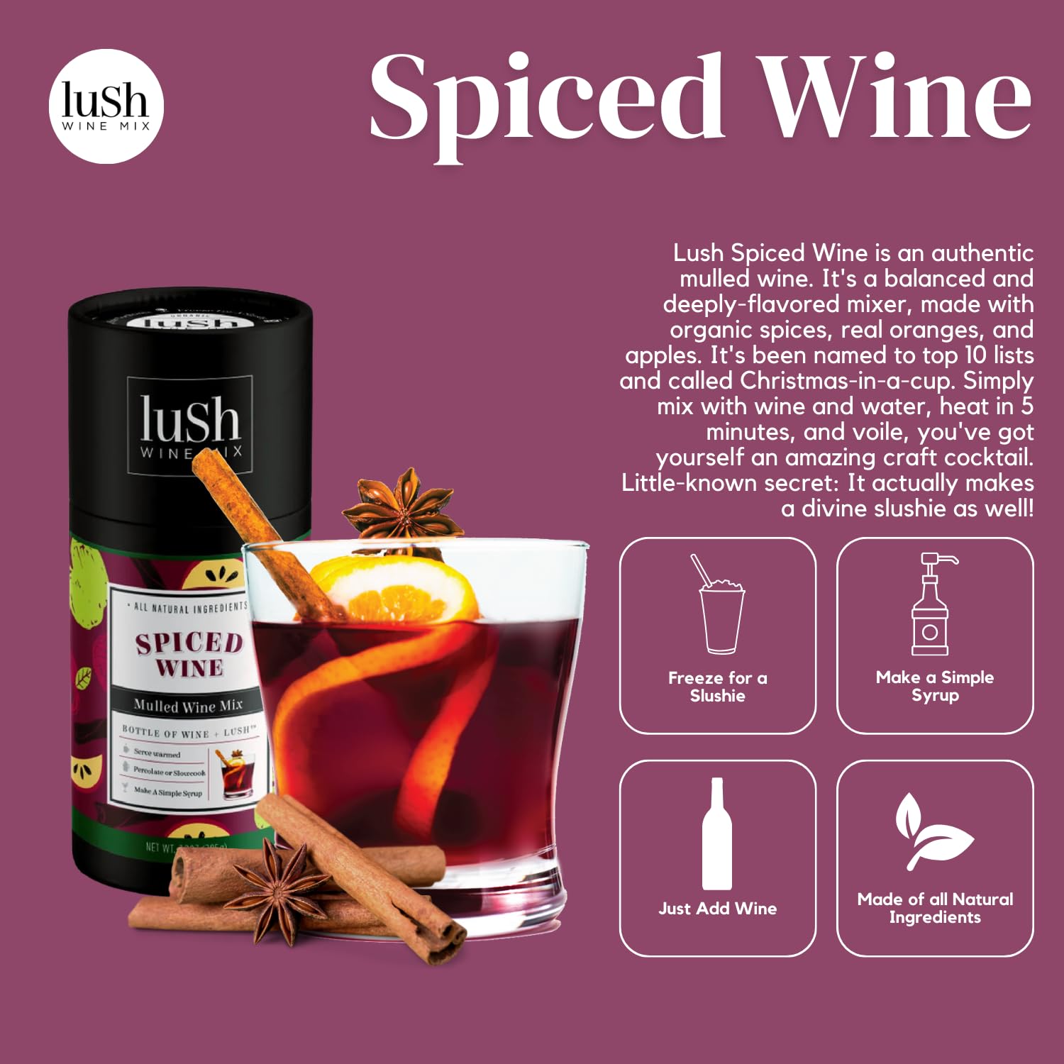 Lush Wine Mix, Holiday Spiced Wine, Makes 8+ Drinks, Organic Cocktail Mixers, Mocktails Non-Alcoholic Drinks, Mulled Apple Cider, Traditional Mulling Spices, Instant, Gluhwein, Sachet Bag - 1 Pack