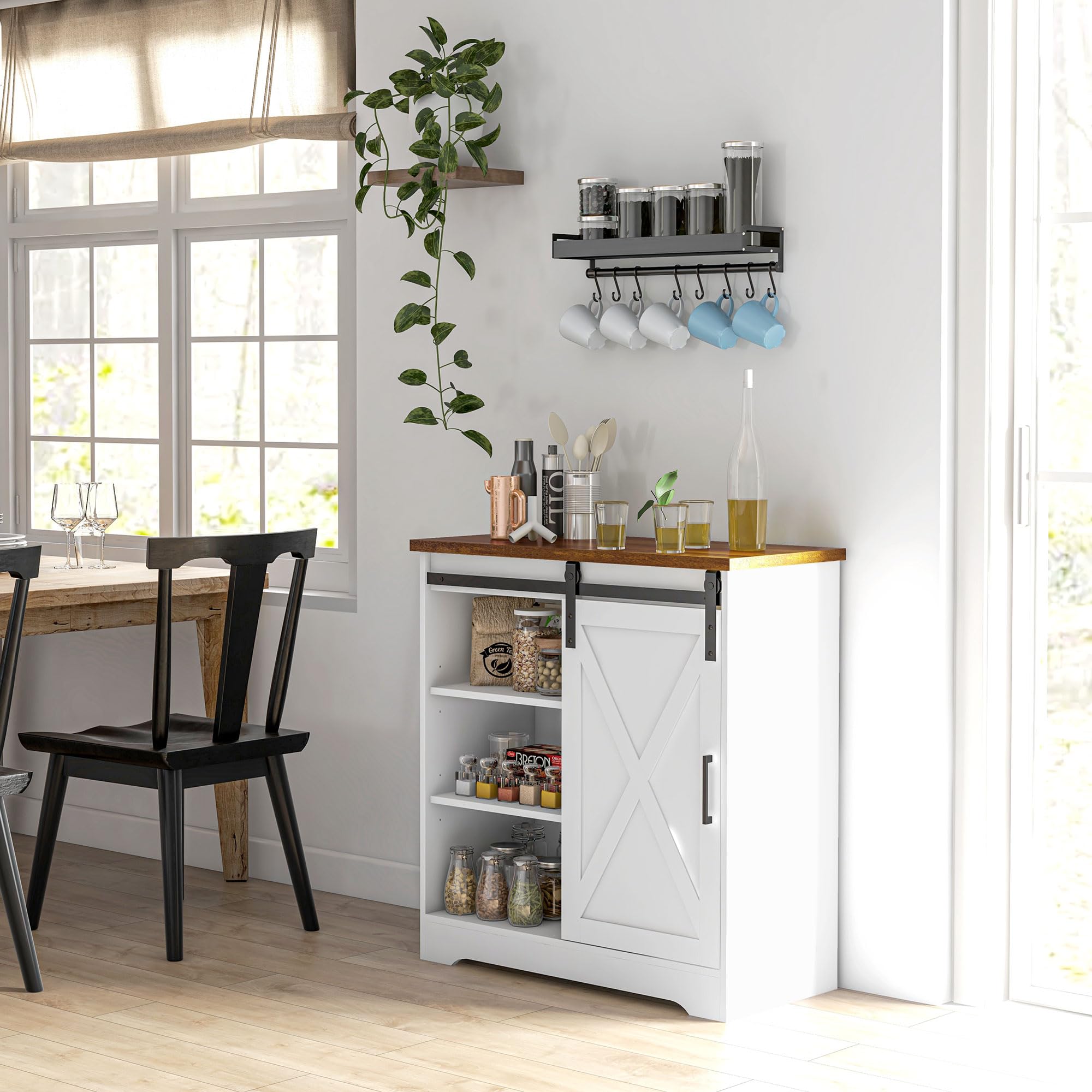 HOMCOM Farmhouse Coffee Bar Cabinet, 33" Buffet Sideboard with Sliding Barn Door and Adjustable Shelf, Kitchen Buffet Cabinet, White
