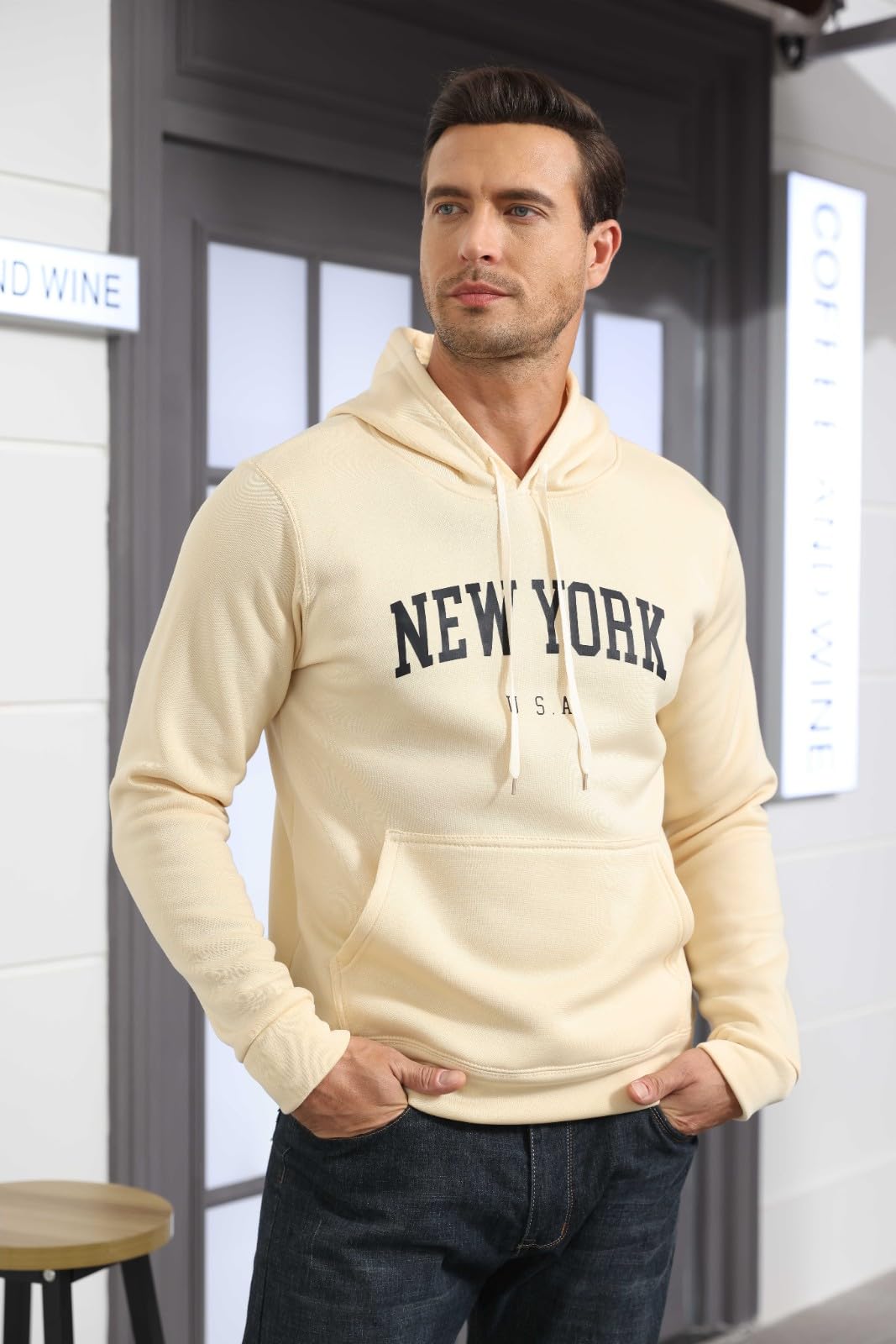 Men's Oversized Pullover Letter Print Graphic Hoodies Long Sleeve Casual New York Sweatshirt with Pocket Mens Pockets Hoodie Black Hoodies Men Trendy Clothes For Men,(Khaki,6XL)