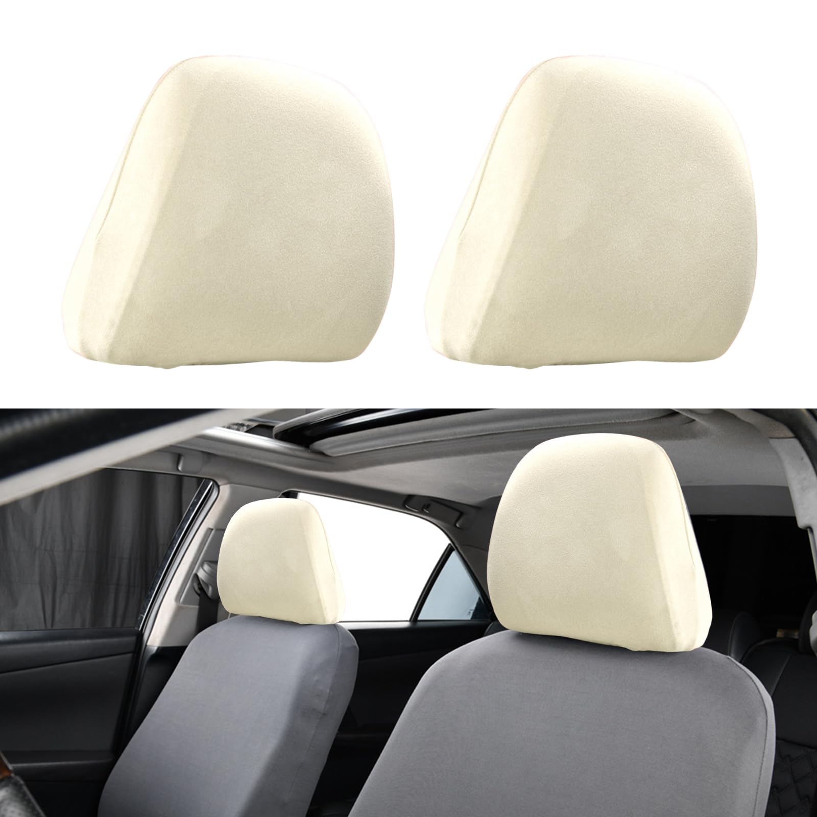 gunhunt Pack-2 Car Headrest Covers, Soft Dust-Proof Protector Covers, Seat Headrest Cover Replacement, Breathable Automobile Decoration Kit, Universal for Most Cars, Trucks, SUVs (Beige #Thick Model)