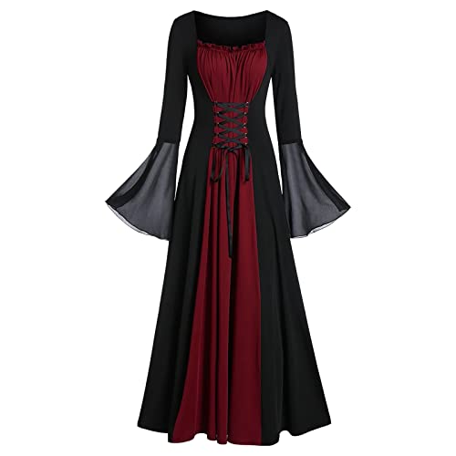 JDHUFEI Halloween Costume for Women Fashion Gothic Dress Square Neck Flared Long Sleeve Party Dress Vintage Renaissance Dress
