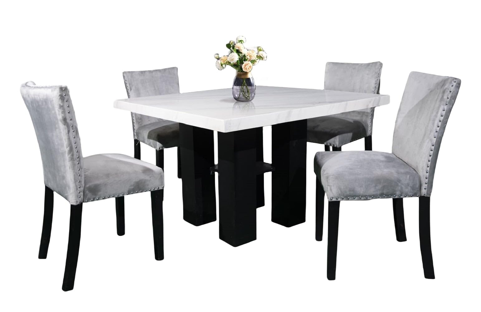 GTU Furniture 5Pc Dinning Square Table with Faux Marble Top and 4 Upholstered Grey Chairs Dining Room Set