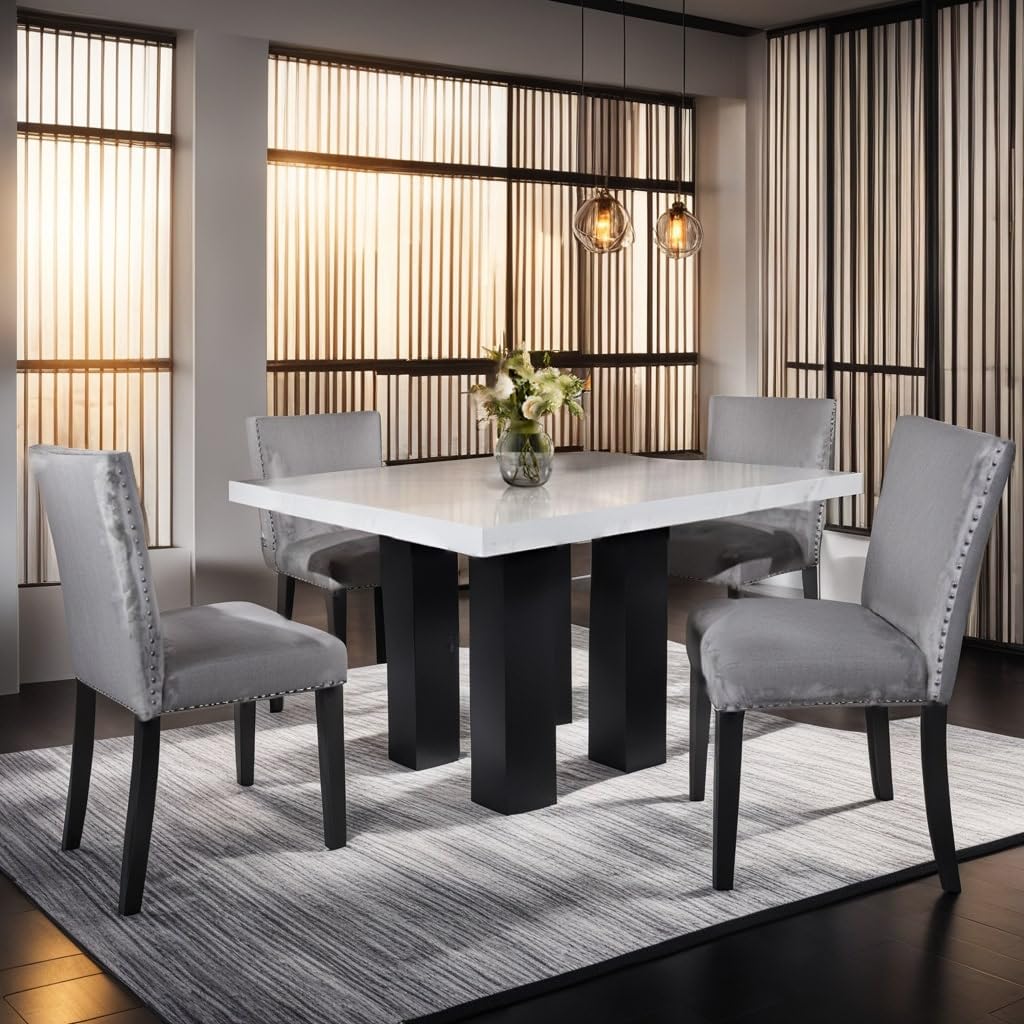 GTU Furniture 5Pc Dinning Square Table with Faux Marble Top and 4 Upholstered Grey Chairs Dining Room Set