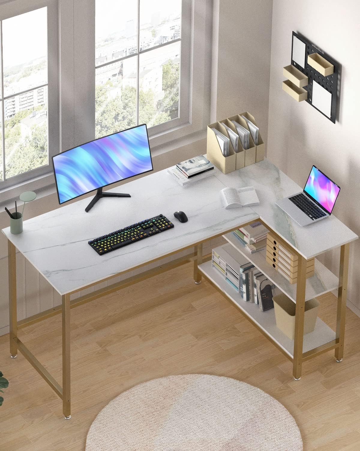 WOODYNLUX L Shaped Computer Desk - Home Office Desk with Shelf, Gaming Desk Corner Table for Work, Writing and Study, Space-Saving, White.
