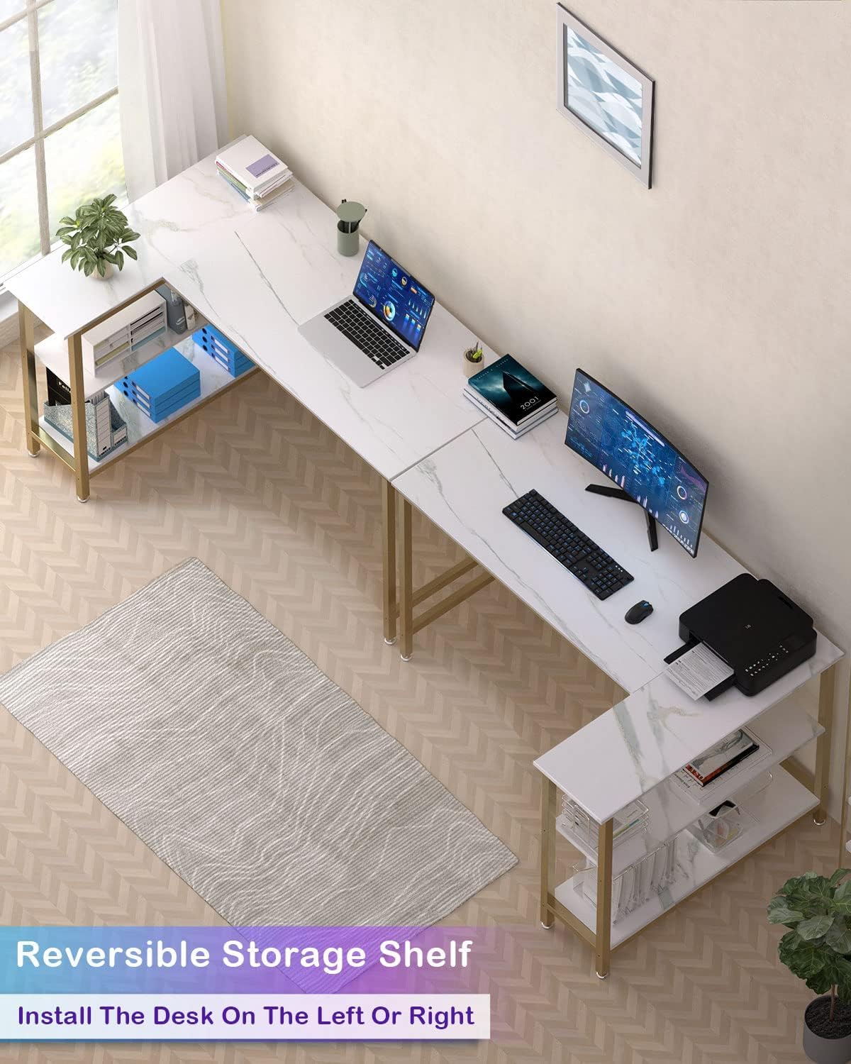 WOODYNLUX L Shaped Computer Desk - Home Office Desk with Shelf, Gaming Desk Corner Table for Work, Writing and Study, Space-Saving, White.