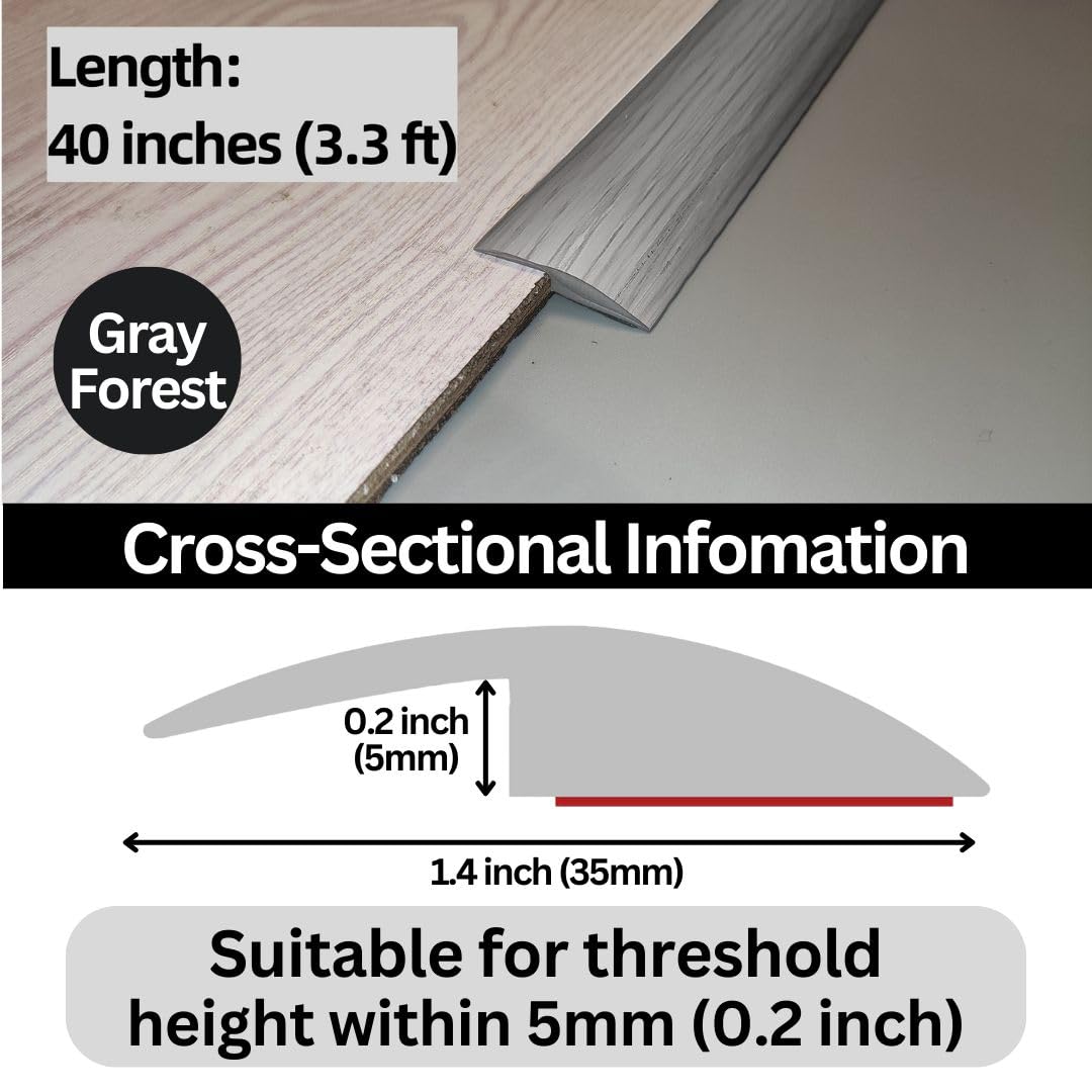 Maxiroc Floor Transition Strip Self Adhesive Carpet Wood Tile Vinyl Flooring Laminate Transition Cover Edge Trim Gap Doorway Threshold for Uneven Floors Heights Within 5 mm (40 inches, Gray Forest)