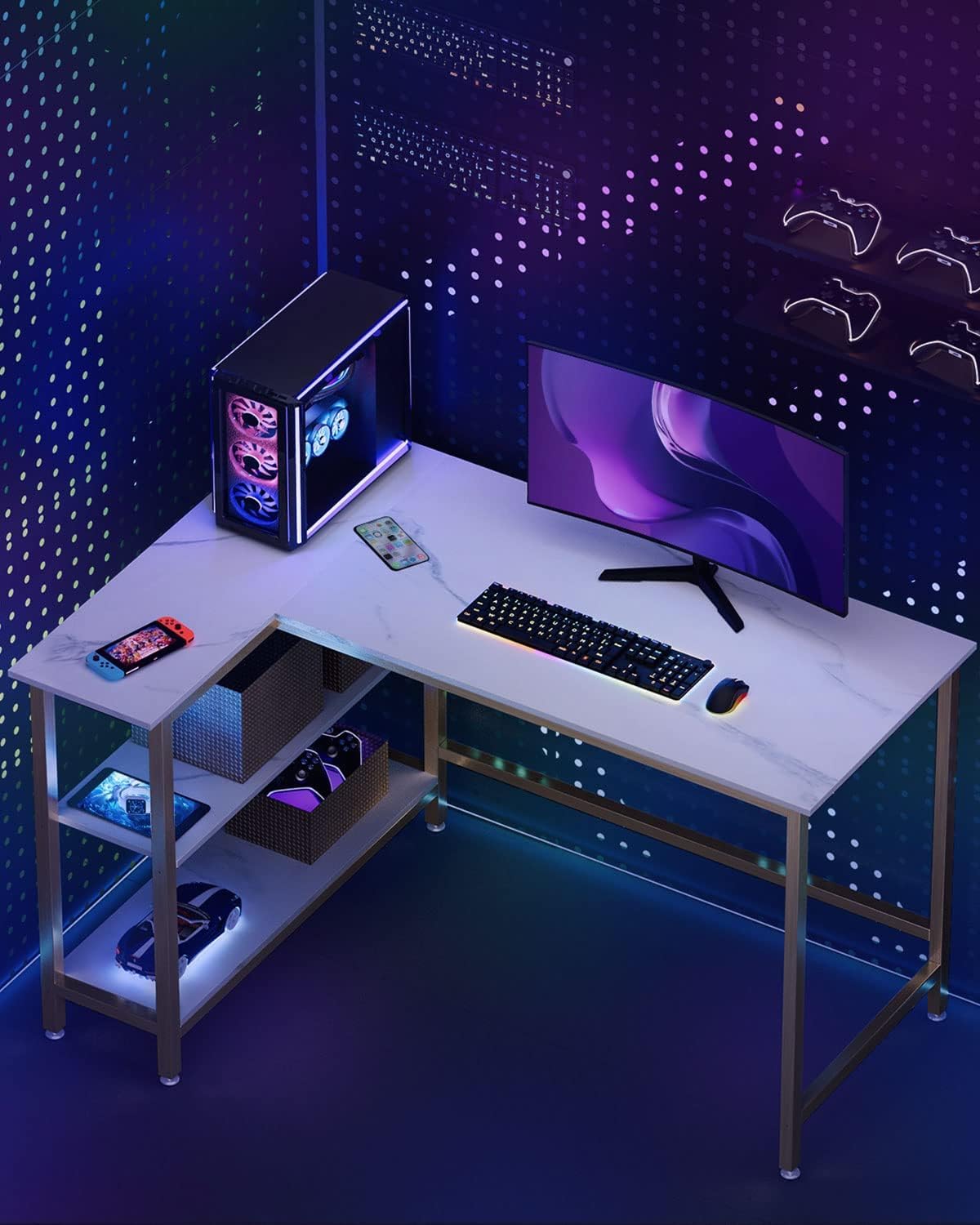 WOODYNLUX L Shaped Computer Desk - Home Office Desk with Shelf, Gaming Desk Corner Table for Work, Writing and Study, Space-Saving, White.