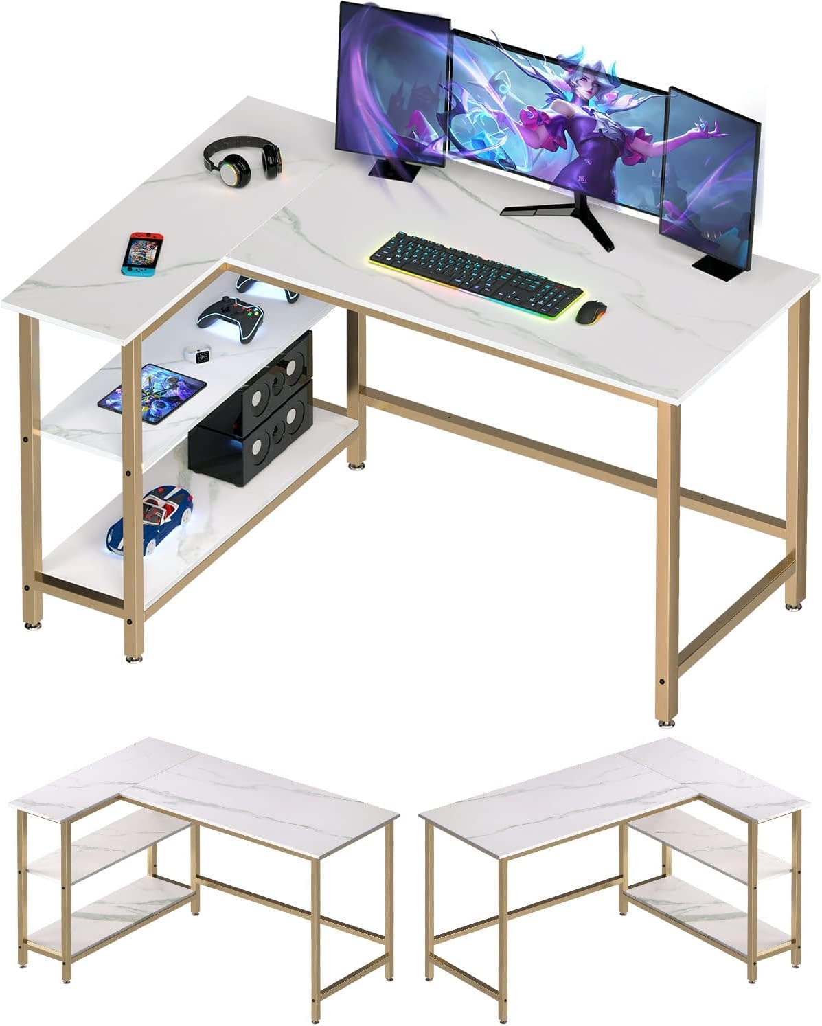 WOODYNLUX L Shaped Computer Desk - Home Office Desk with Shelf, Gaming Desk Corner Table for Work, Writing and Study, Space-Saving, White.