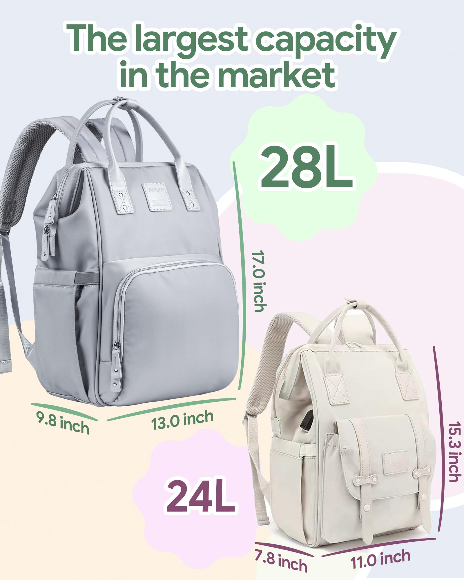 AUYRE Diaper Bag Backpack Large Diaper Bag Travel Backpack with Insulated Pockets & Stroller Straps Baby Shower Gifts Large Capacity, Waterproof, Grey