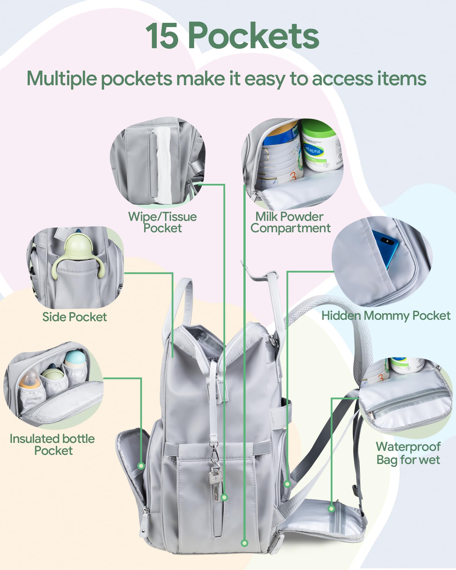 AUYRE Diaper Bag Backpack Large Diaper Bag Travel Backpack with Insulated Pockets & Stroller Straps Baby Shower Gifts Large Capacity, Waterproof, Grey