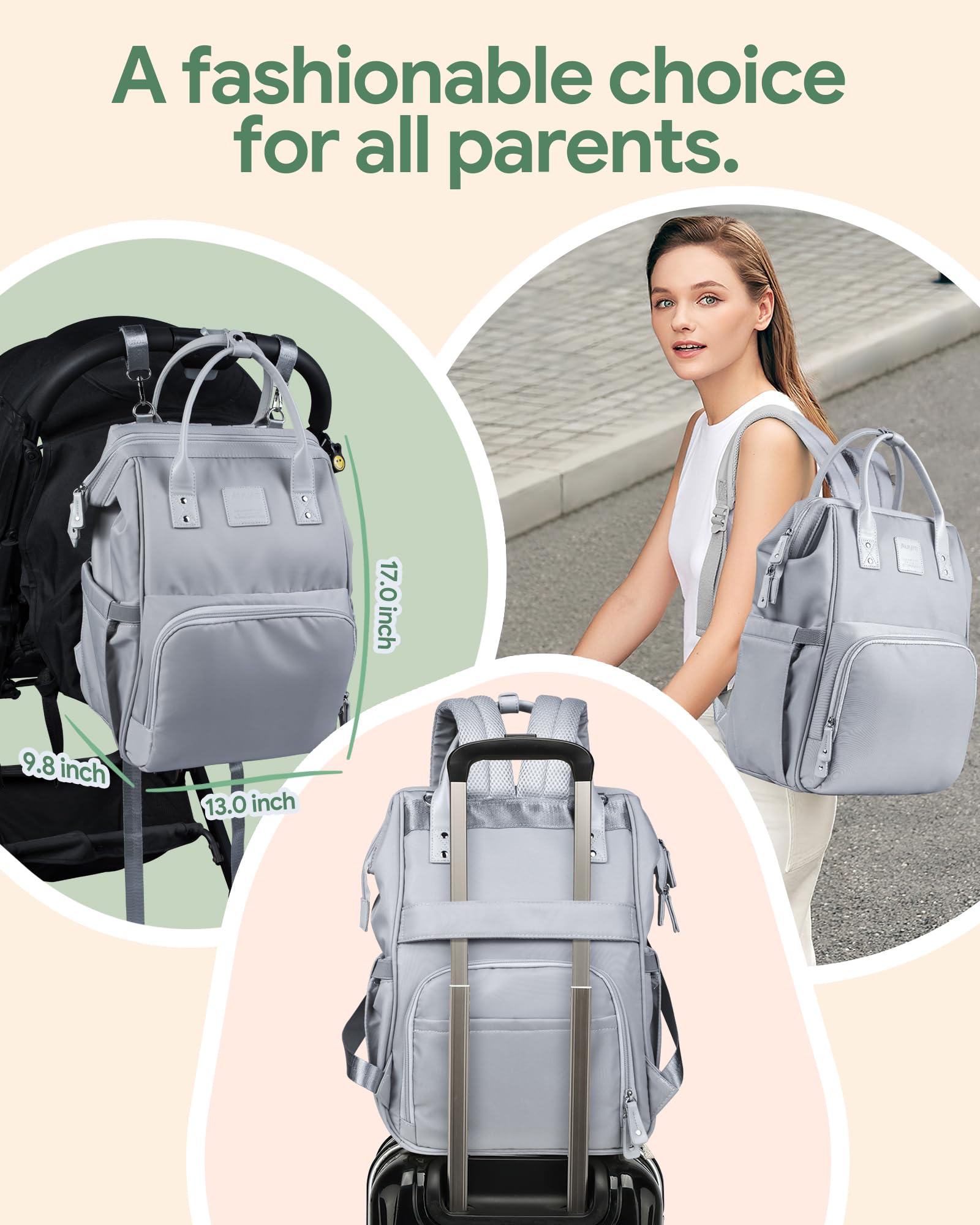 AUYRE Diaper Bag Backpack Large Diaper Bag Travel Backpack with Insulated Pockets & Stroller Straps Baby Shower Gifts Large Capacity, Waterproof, Grey