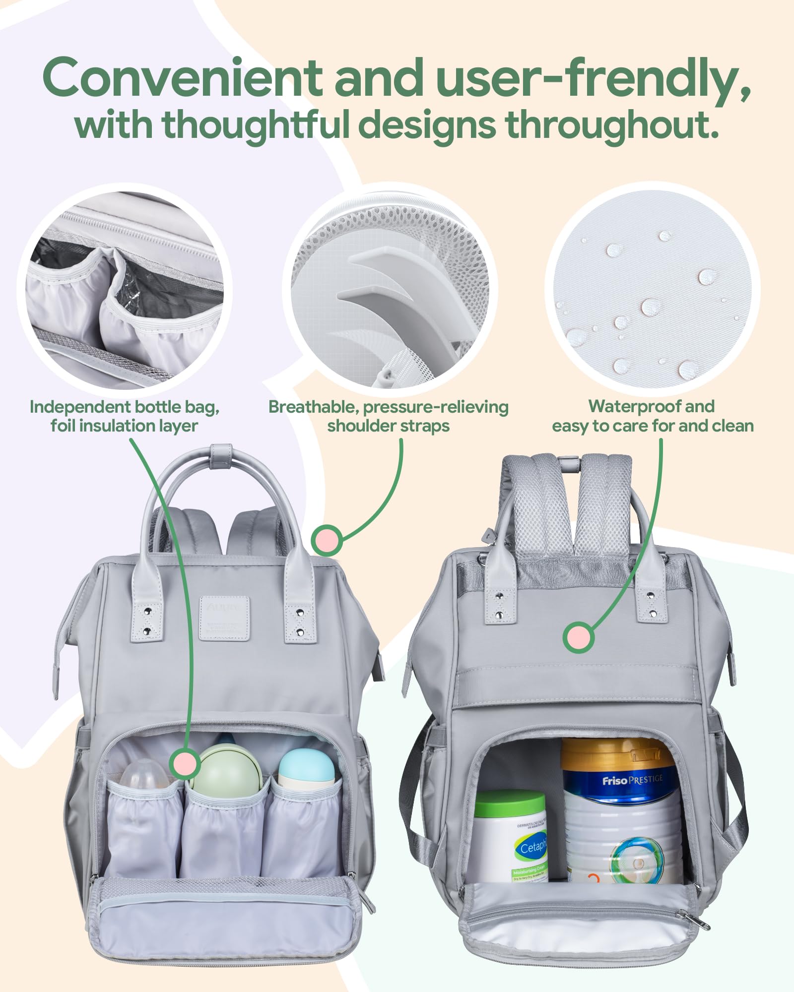 AUYRE Diaper Bag Backpack Large Diaper Bag Travel Backpack with Insulated Pockets & Stroller Straps Baby Shower Gifts Large Capacity, Waterproof, Grey