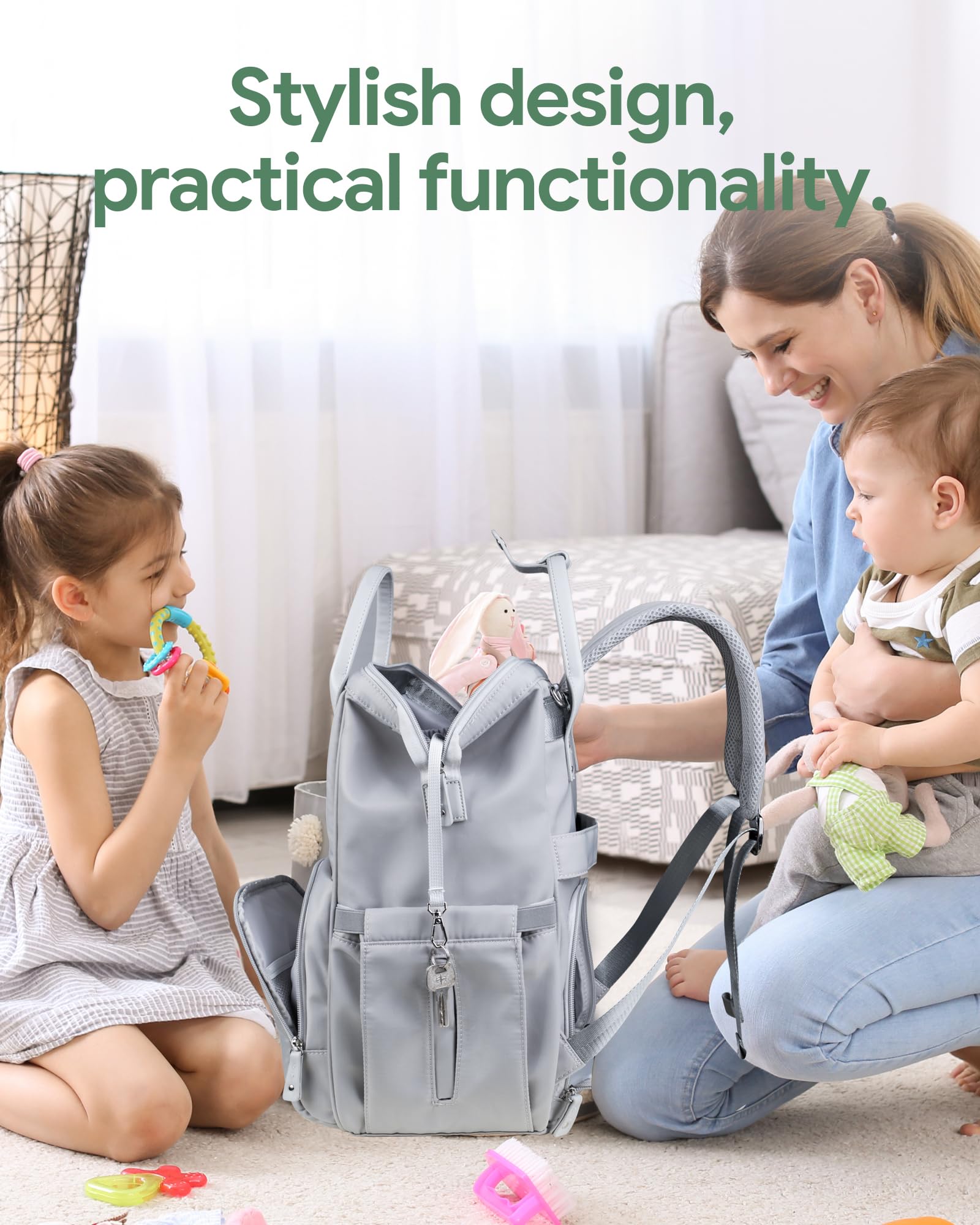 AUYRE Diaper Bag Backpack Large Diaper Bag Travel Backpack with Insulated Pockets & Stroller Straps Baby Shower Gifts Large Capacity, Waterproof, Grey