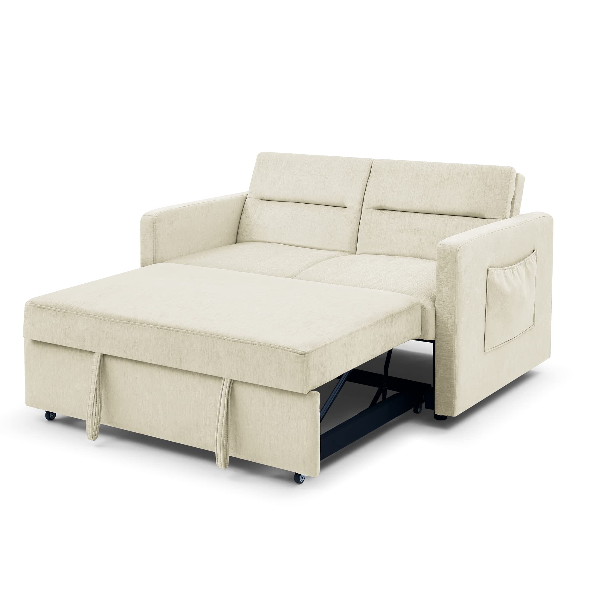 FIQHOME 54.5'' Modern Convertible Sleeper Two Side Pockets, Grey Fabric w/Pull-Out Bed Loveseat Sofa Couch and Adjsutable Back for Living Room,Beige