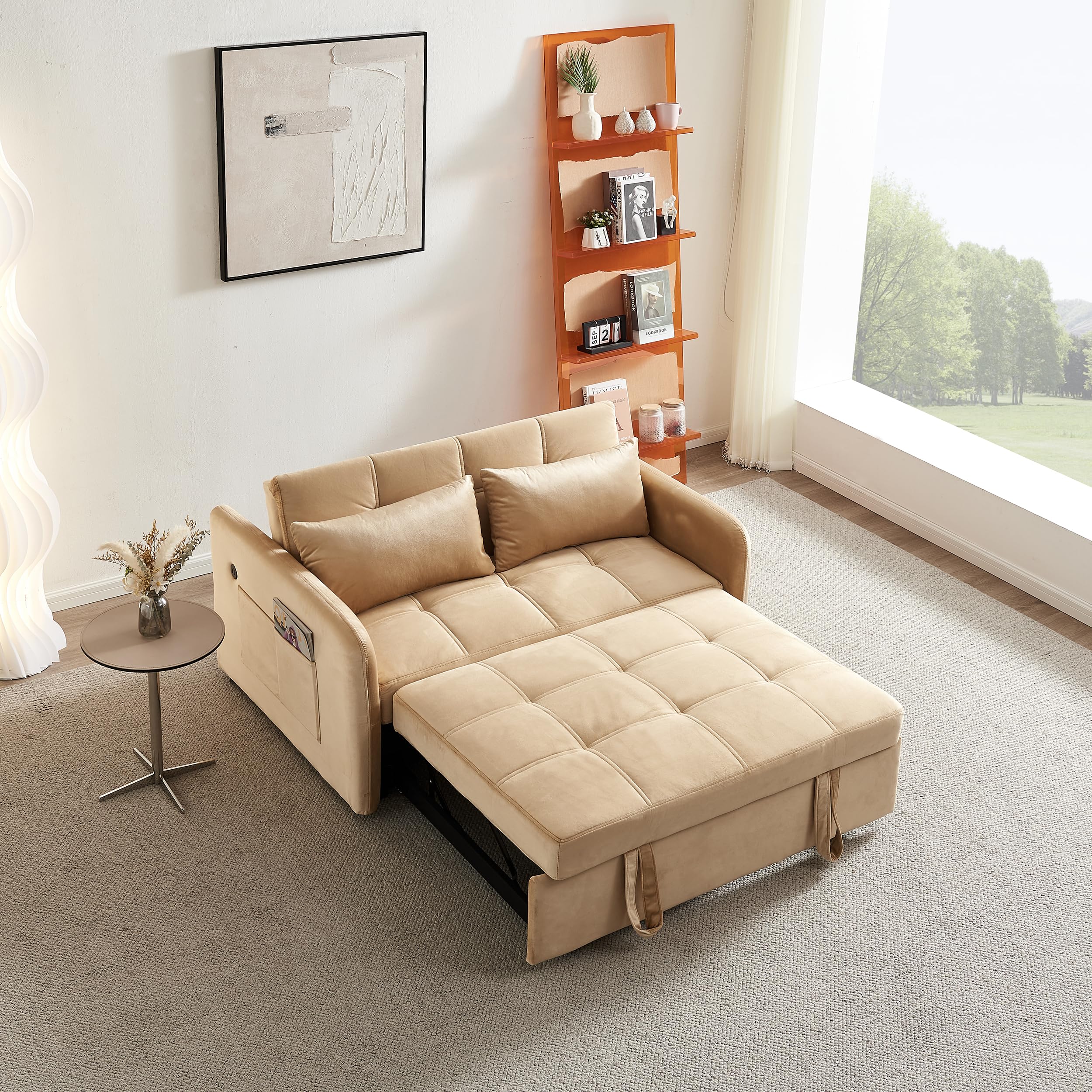FIQHOME 55" Pull, Modern Velvet Convertible Adjustable Backrest Sleeper, Small Loveseat Sofa Bed with Two Pillows and Side Pockets for Living Room, Apartment,Khaki