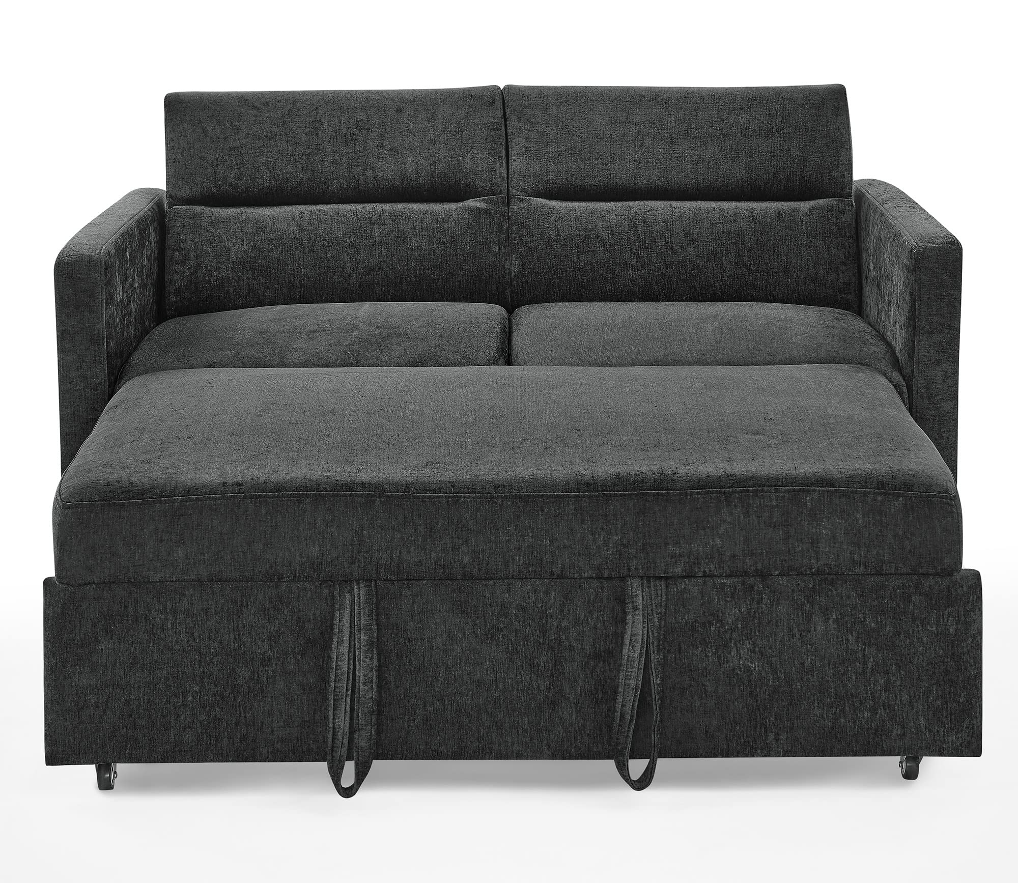 LIADTOP 54.5'' Modern Convertible Sleeper Two Side Pockets, Grey Fabric w/Pull-Out Bed Loveseat Sofa Couch and Adjsutable Back for Living Room,Black