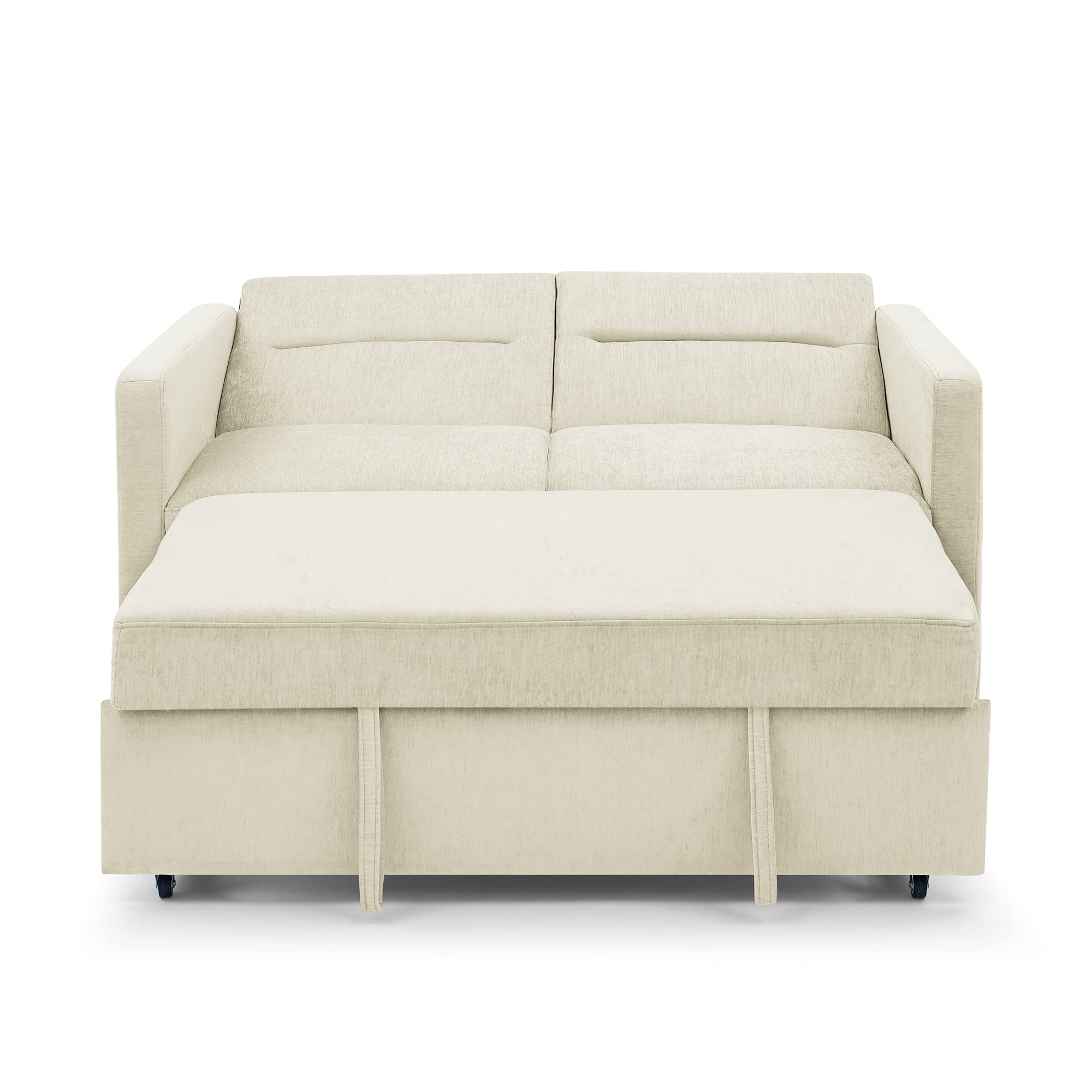 FIQHOME 54.5'' Modern Convertible Sleeper Two Side Pockets, Grey Fabric w/Pull-Out Bed Loveseat Sofa Couch and Adjsutable Back for Living Room,Beige