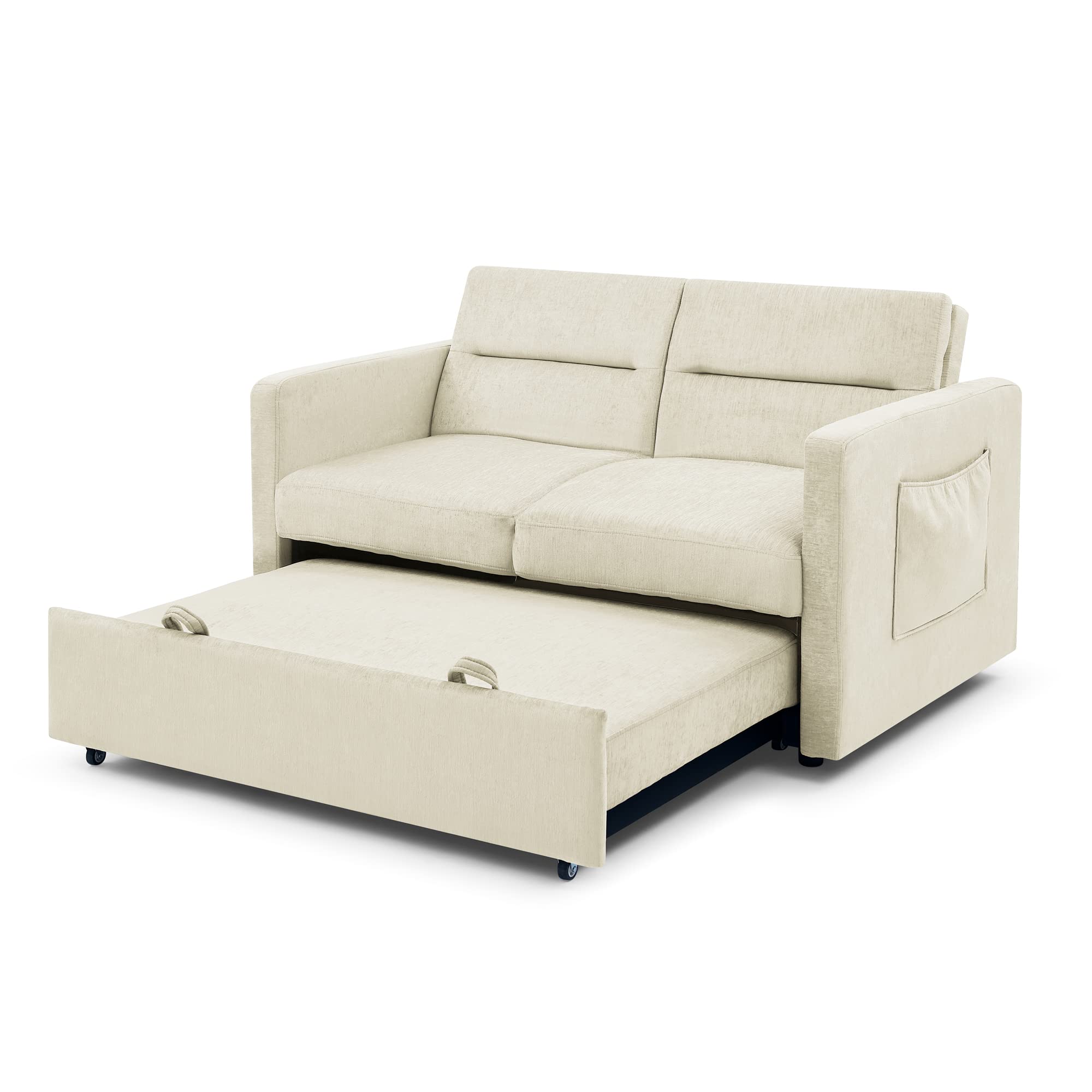 FIQHOME 54.5'' Modern Convertible Sleeper Two Side Pockets, Grey Fabric w/Pull-Out Bed Loveseat Sofa Couch and Adjsutable Back for Living Room,Beige