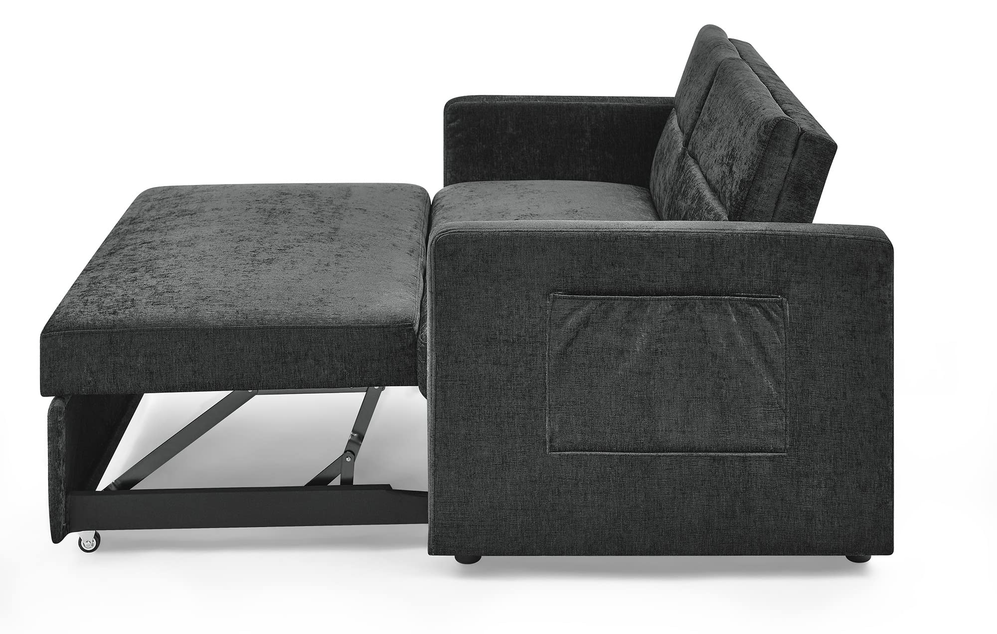 LIADTOP 54.5'' Modern Convertible Sleeper Two Side Pockets, Grey Fabric w/Pull-Out Bed Loveseat Sofa Couch and Adjsutable Back for Living Room,Black