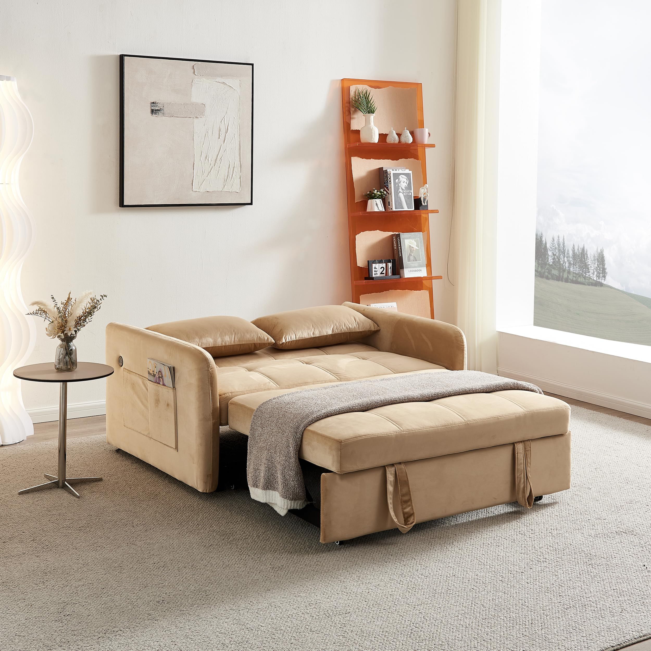 FIQHOME 55" Pull, Modern Velvet Convertible Adjustable Backrest Sleeper, Small Loveseat Sofa Bed with Two Pillows and Side Pockets for Living Room, Apartment,Khaki