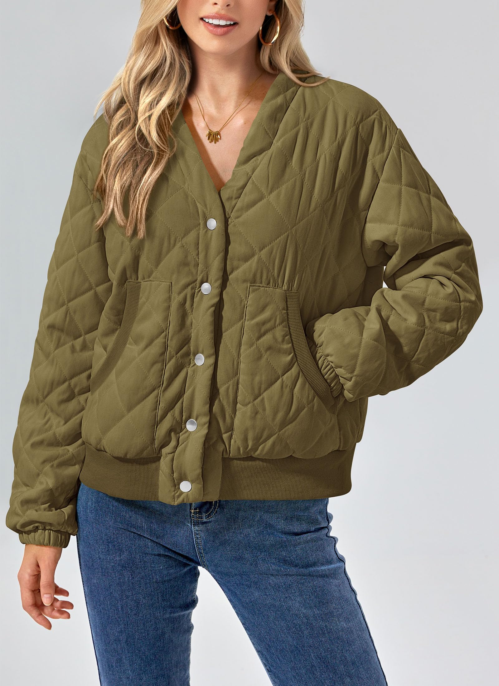 PRETTYGARDEN Women's 2024 Winter Trendy Jackets Button Down Long Sleeve Padded Warm Outerwear Fashion Coats with Pockets (Army Green,Small)