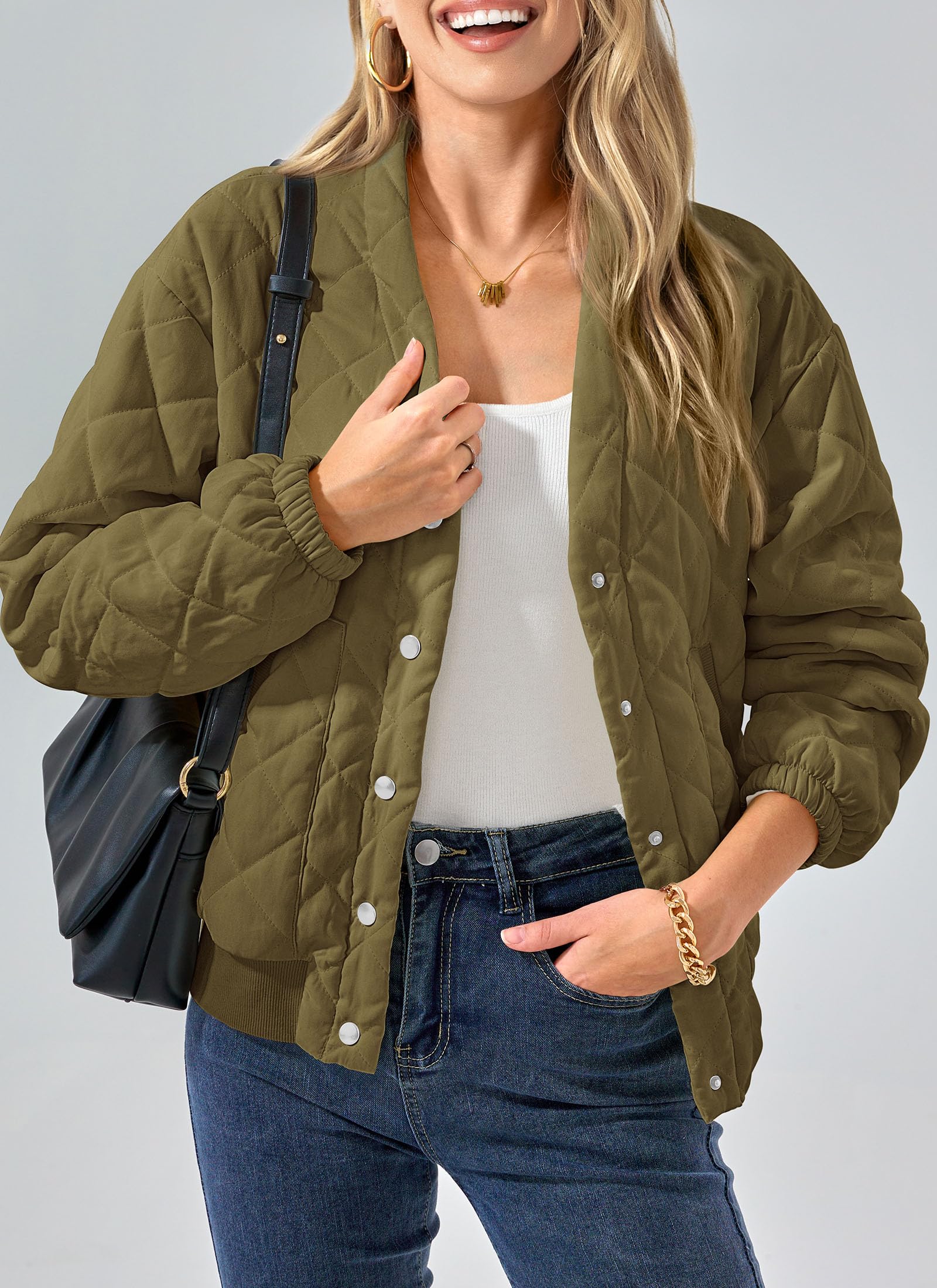 PRETTYGARDEN Women's 2024 Winter Trendy Jackets Button Down Long Sleeve Padded Warm Outerwear Fashion Coats with Pockets (Army Green,Small)
