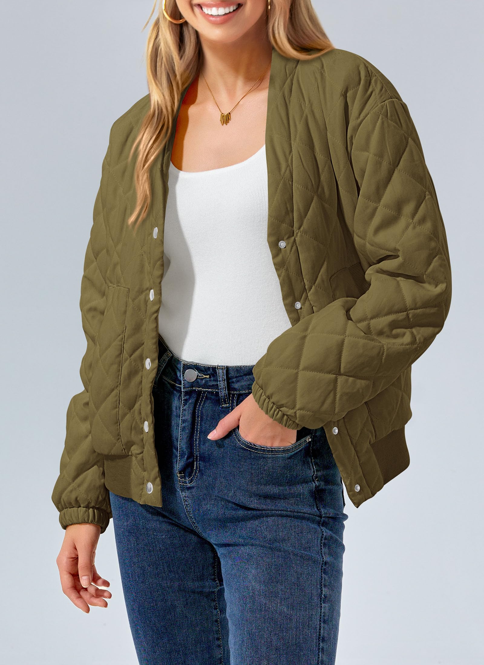 PRETTYGARDEN Women's 2024 Winter Trendy Jackets Button Down Long Sleeve Padded Warm Outerwear Fashion Coats with Pockets (Army Green,Small)