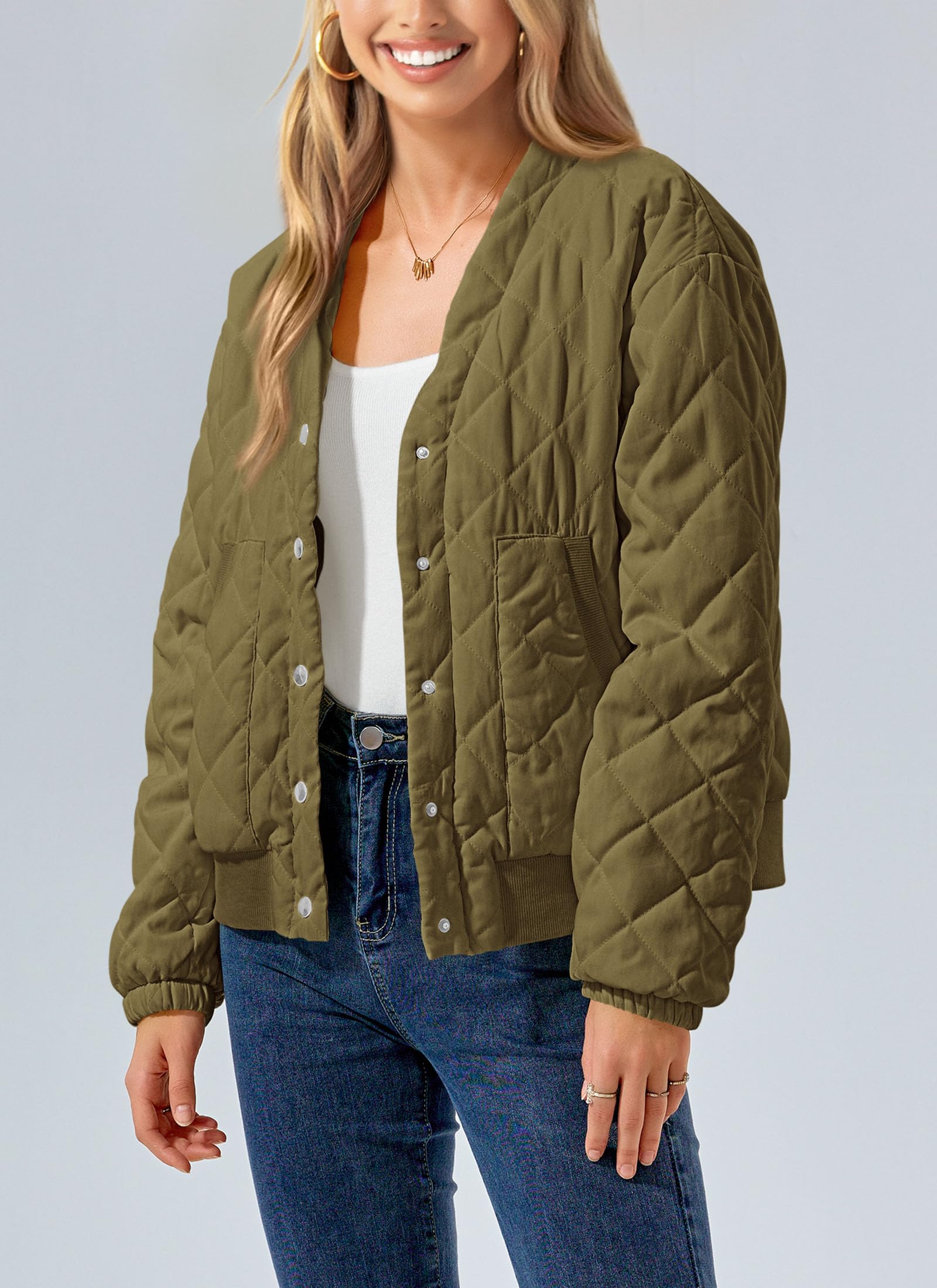 PRETTYGARDEN Women's 2024 Winter Trendy Jackets Button Down Long Sleeve Padded Warm Outerwear Fashion Coats with Pockets (Army Green,Small)