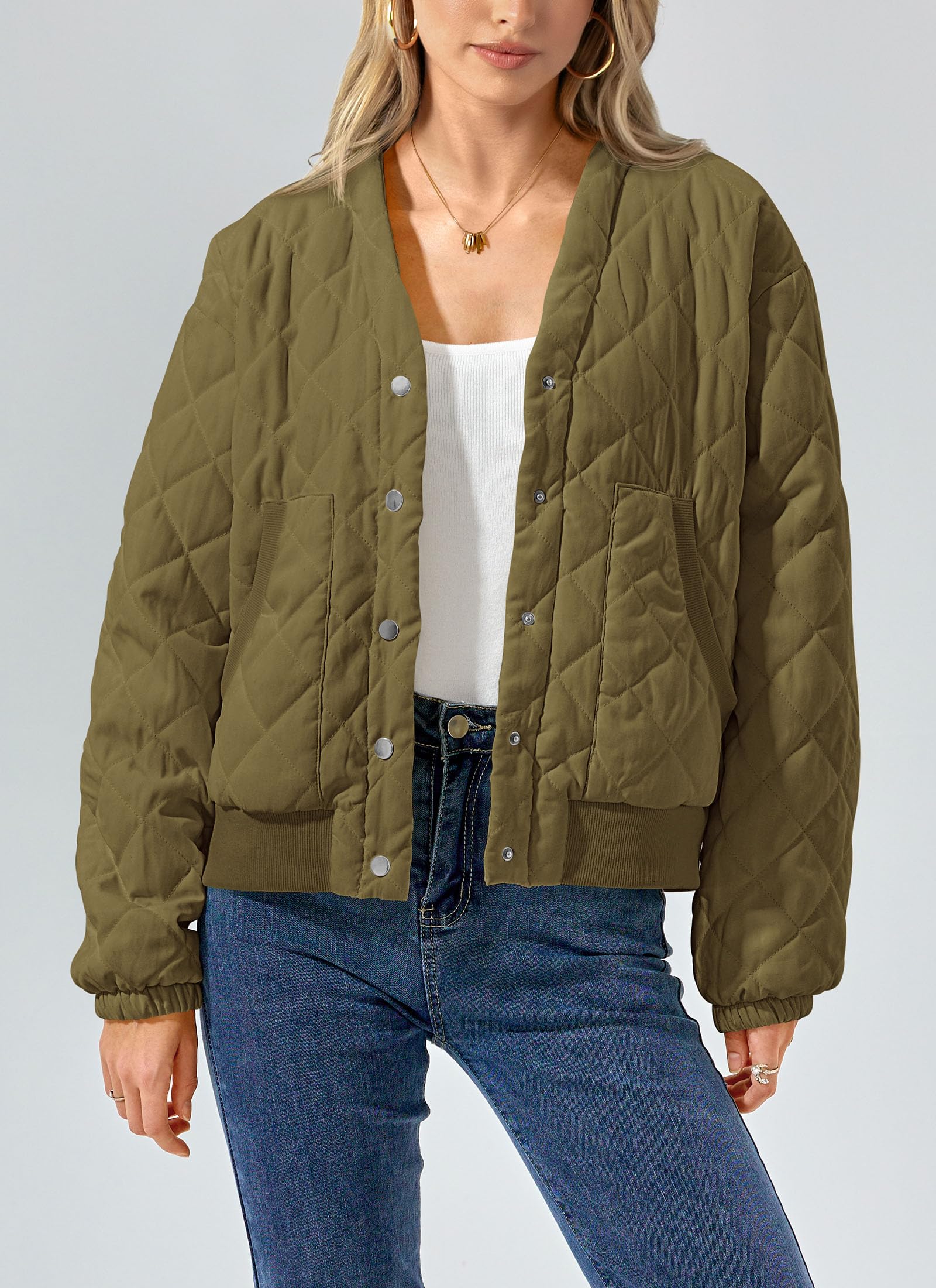 PRETTYGARDEN Women's 2024 Winter Trendy Jackets Button Down Long Sleeve Padded Warm Outerwear Fashion Coats with Pockets (Army Green,Small)