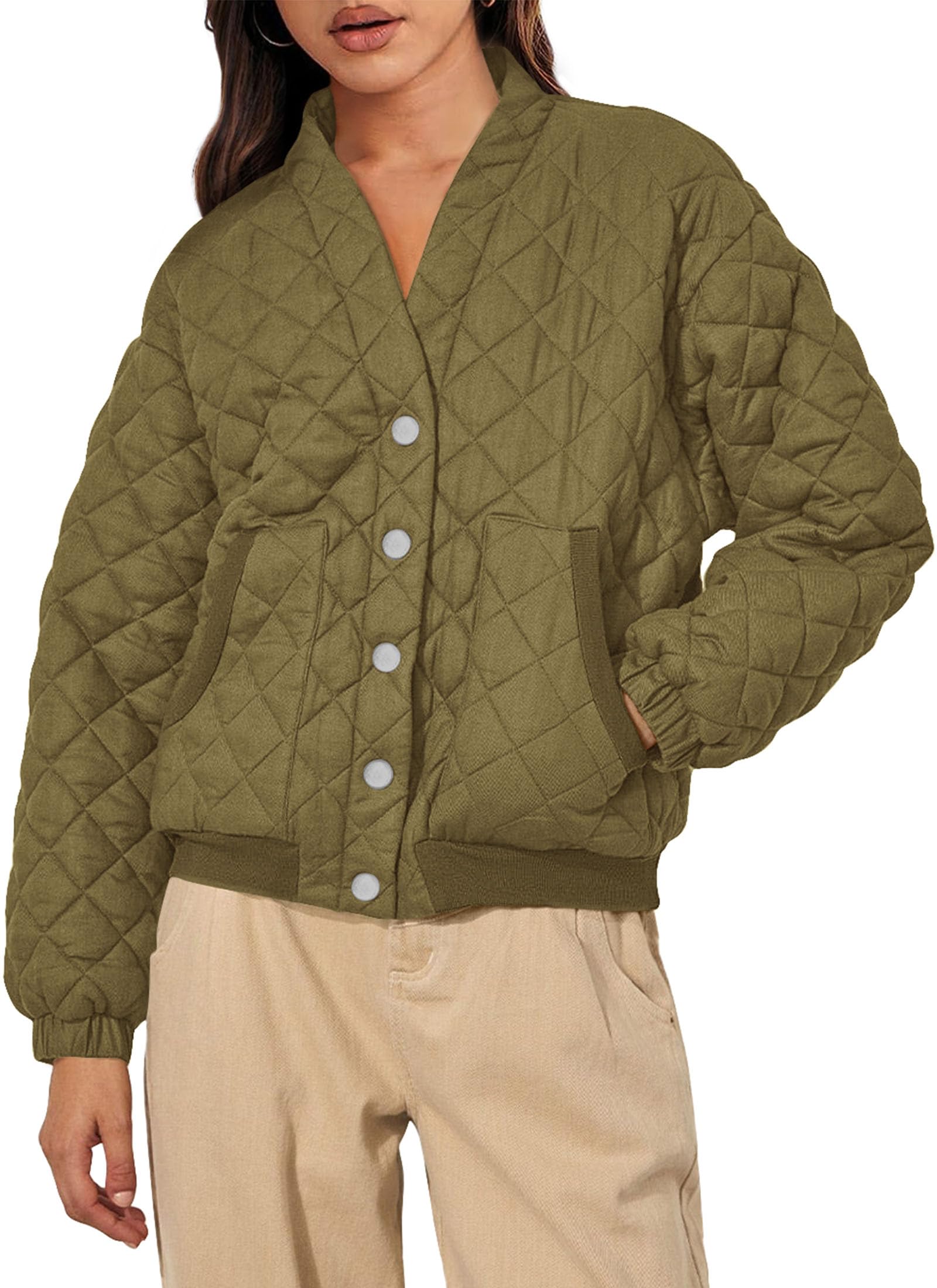 PRETTYGARDEN Women's 2024 Winter Trendy Jackets Button Down Long Sleeve Padded Warm Outerwear Fashion Coats with Pockets (Army Green,Small)