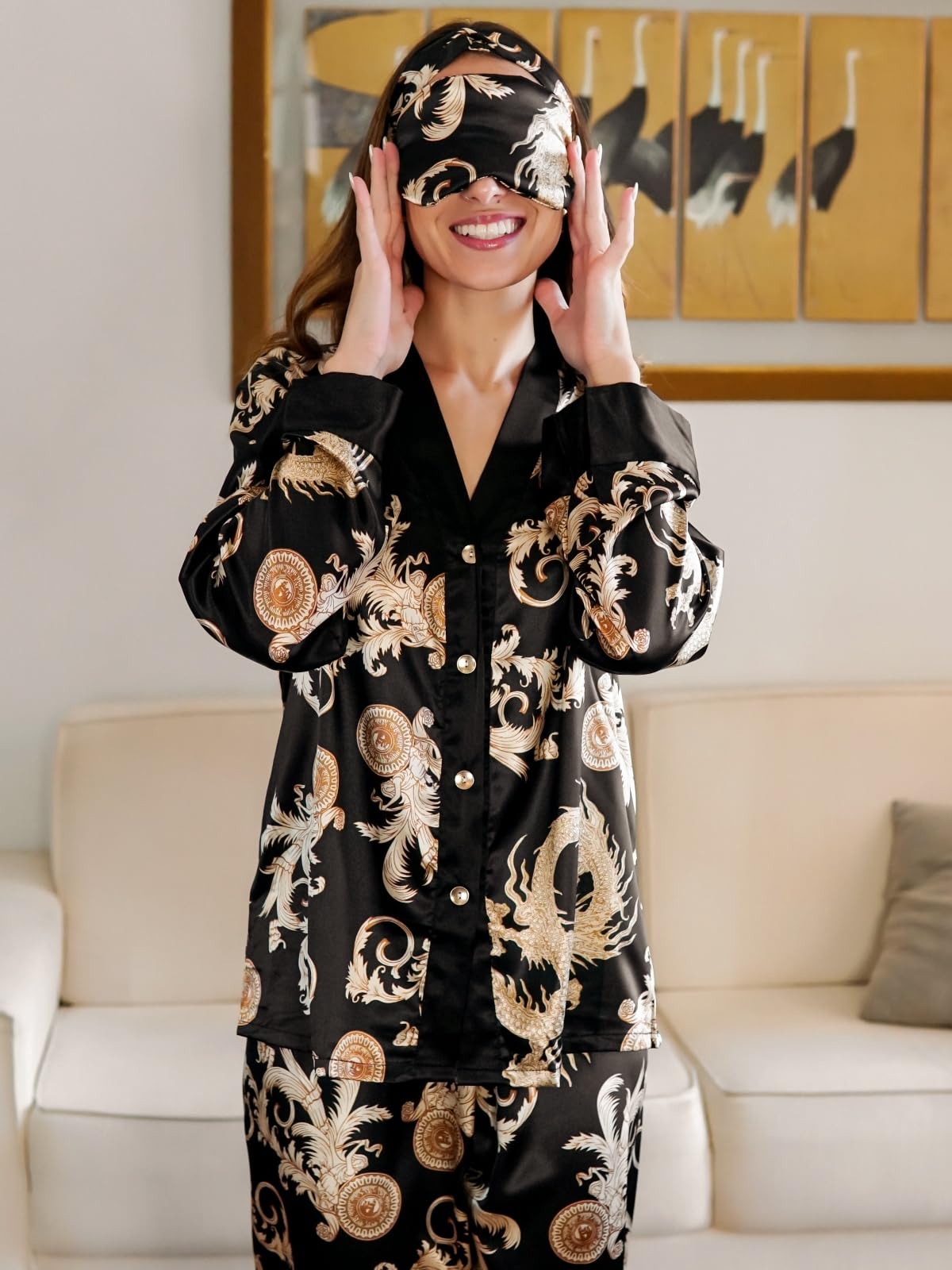 Arwser Women's Silk Satin Pajamas Set 4pcs Long Sleeve Button Down Sleepwear V-Neck Printed Dragon Pjs Black
