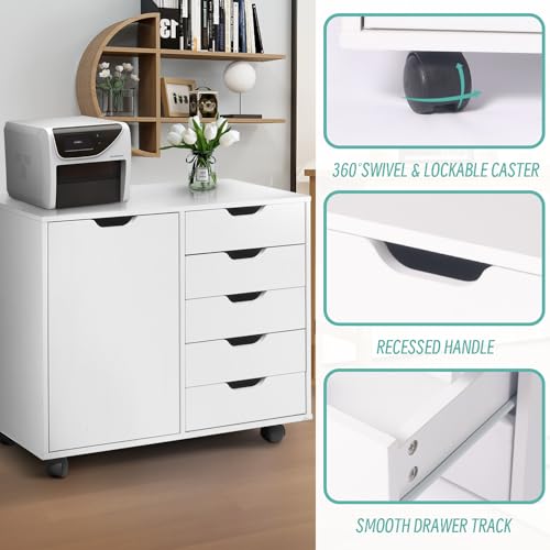 Rotihom 5 Drawer File Cabinet, Wood Mobile Lateral File Cabinet for Home Office Bedroom, 31 Inch Printer Stand with Storage on Wheels, Mobile Office Shelf with 2-Compartment Cabinet (White)